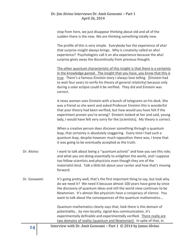 Jim Alvino Interview of Dr Amit Goswami Transcript | PDF