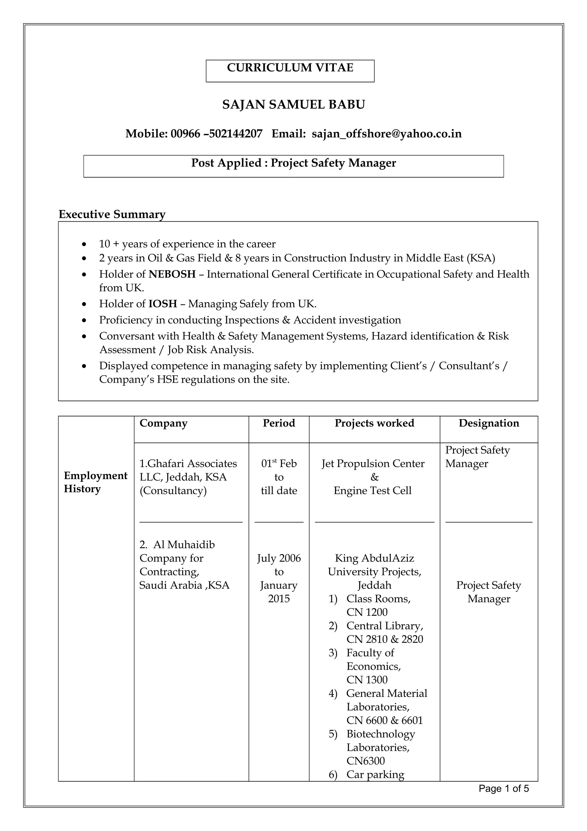 CV, Sajan Samuel Babu. Safety Manager | PDF