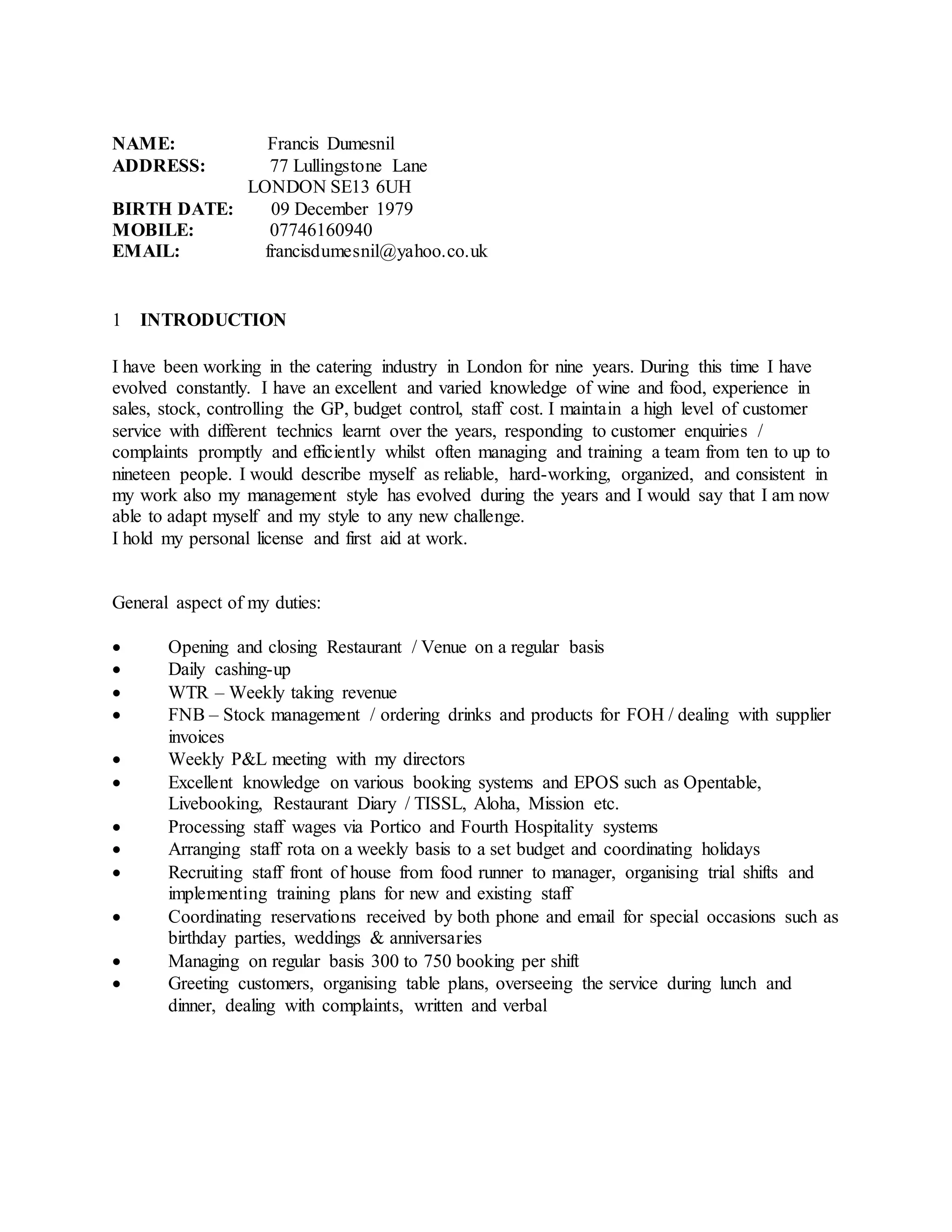 CV Francis Dumesnil word | DOCX
