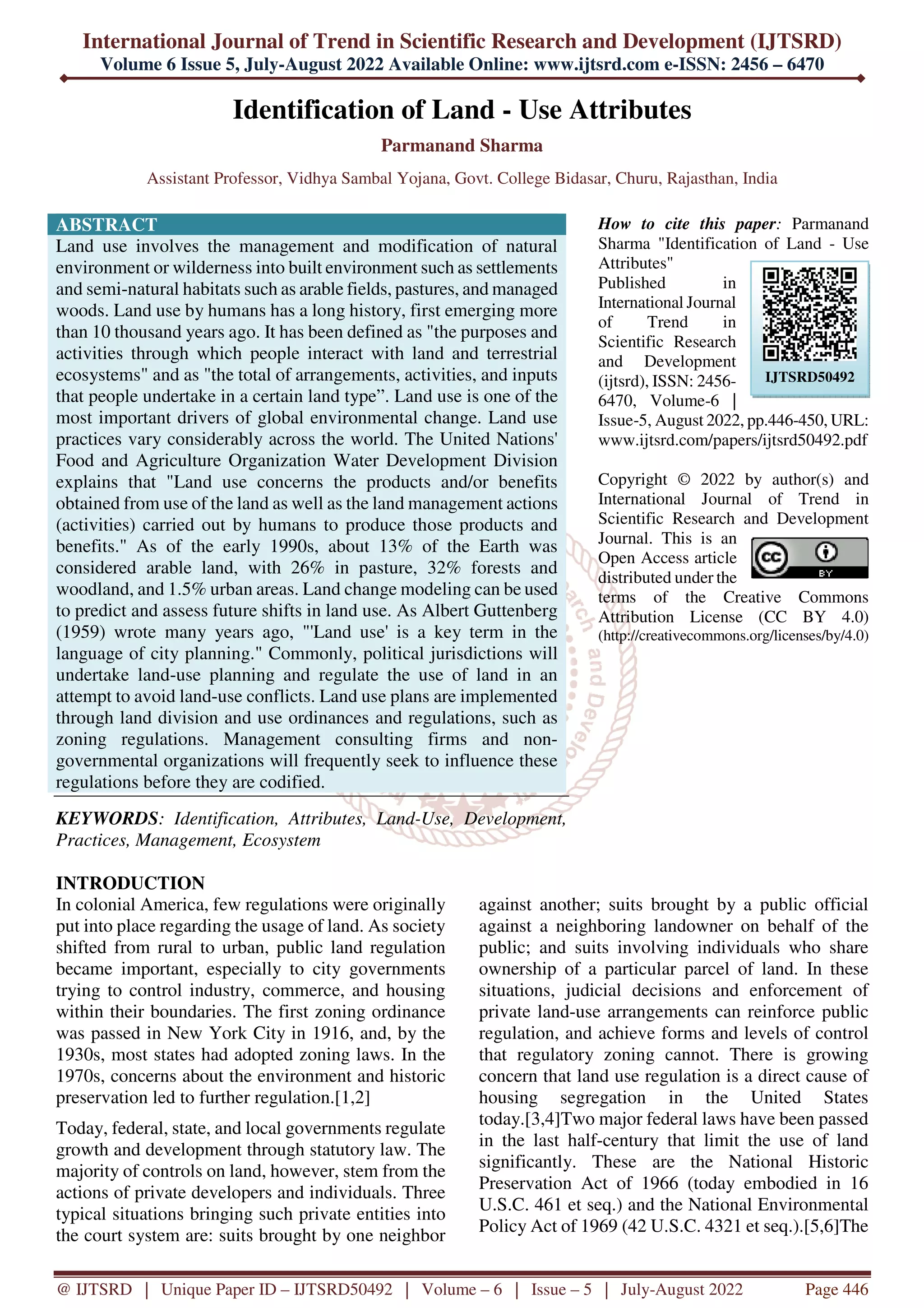 Identification of Land Use Attributes | PDF