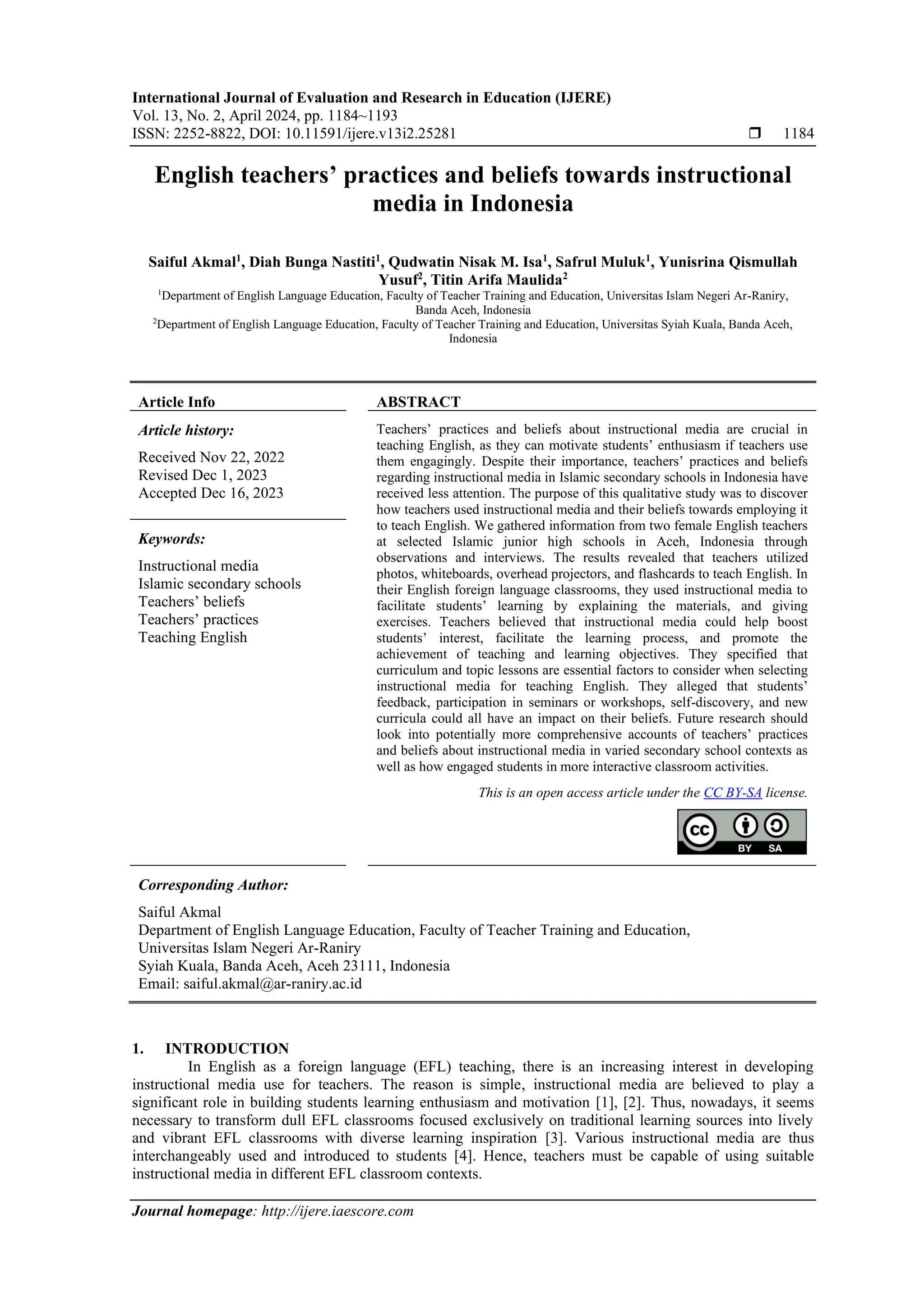 English teachers’ practices and beliefs towards instructional media in ...