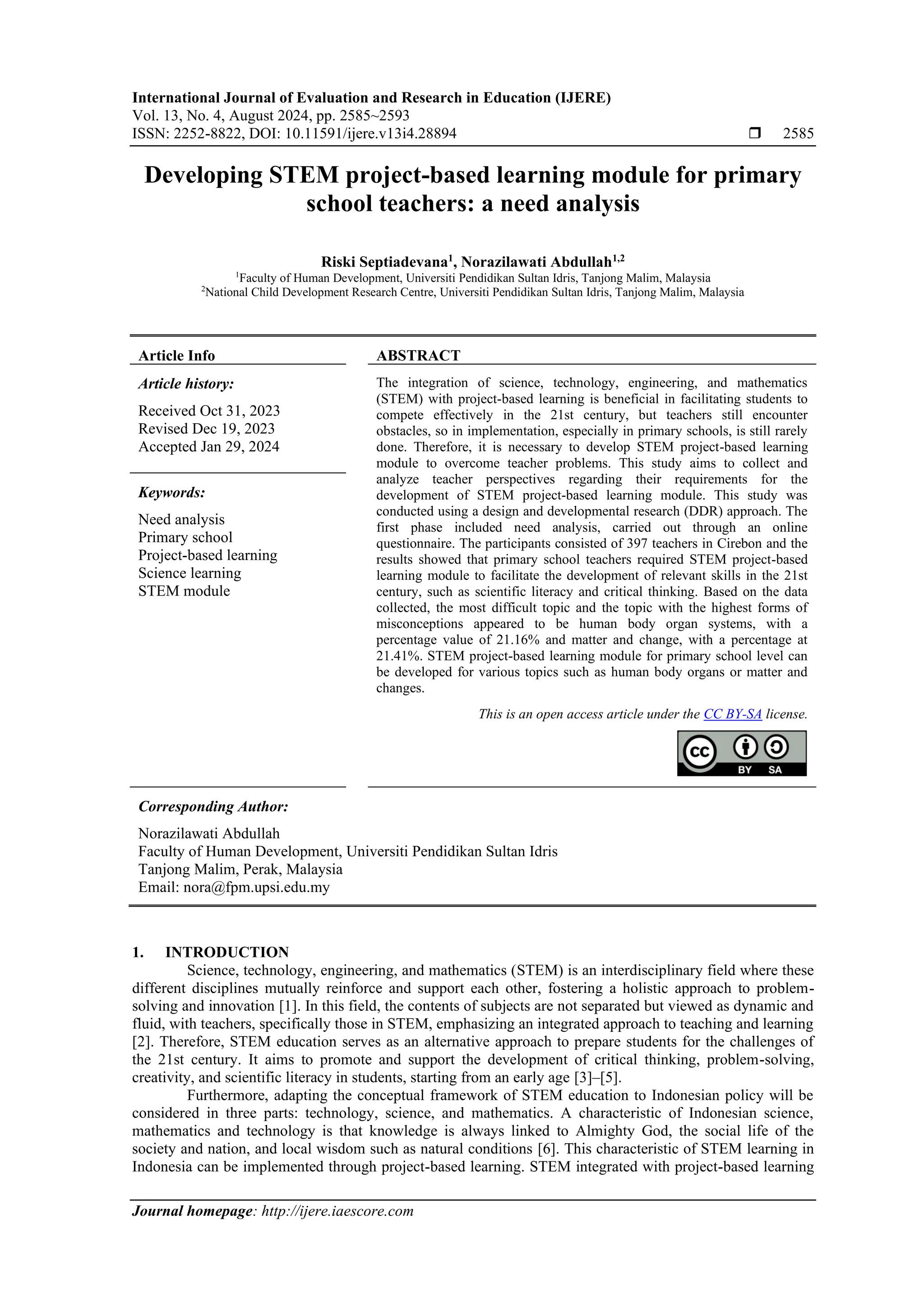 Developing STEM project-based learning module for primary school ...