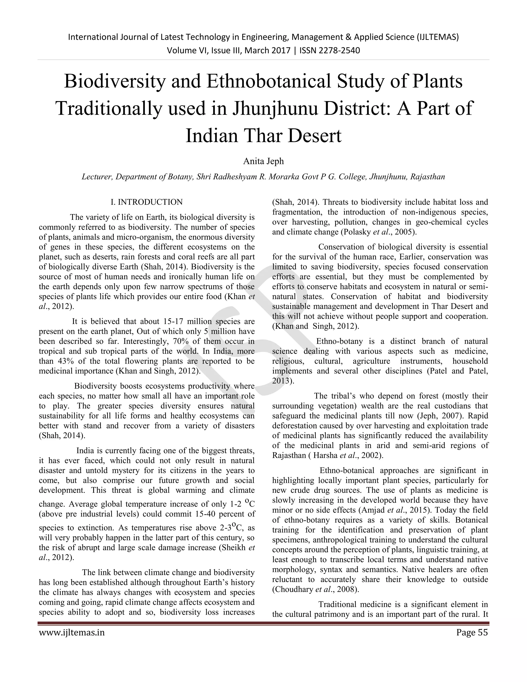 Biodiversity and Ethnobotanical Study of Plants Traditionally used in Jhunjhunu District: A Part ...
