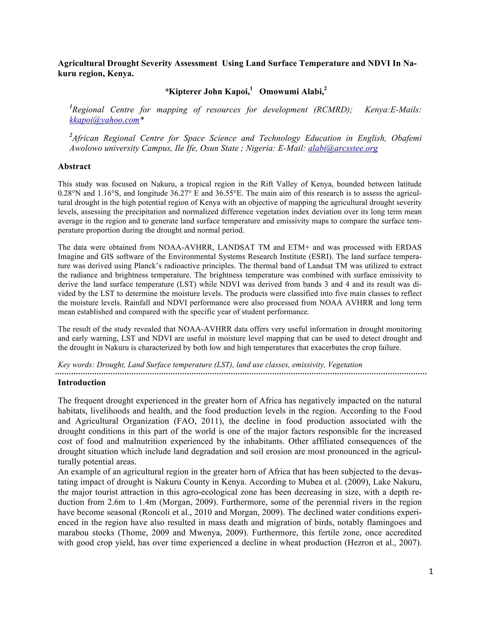 Agricultural Drought Severity assessment using land Surface temperature ...