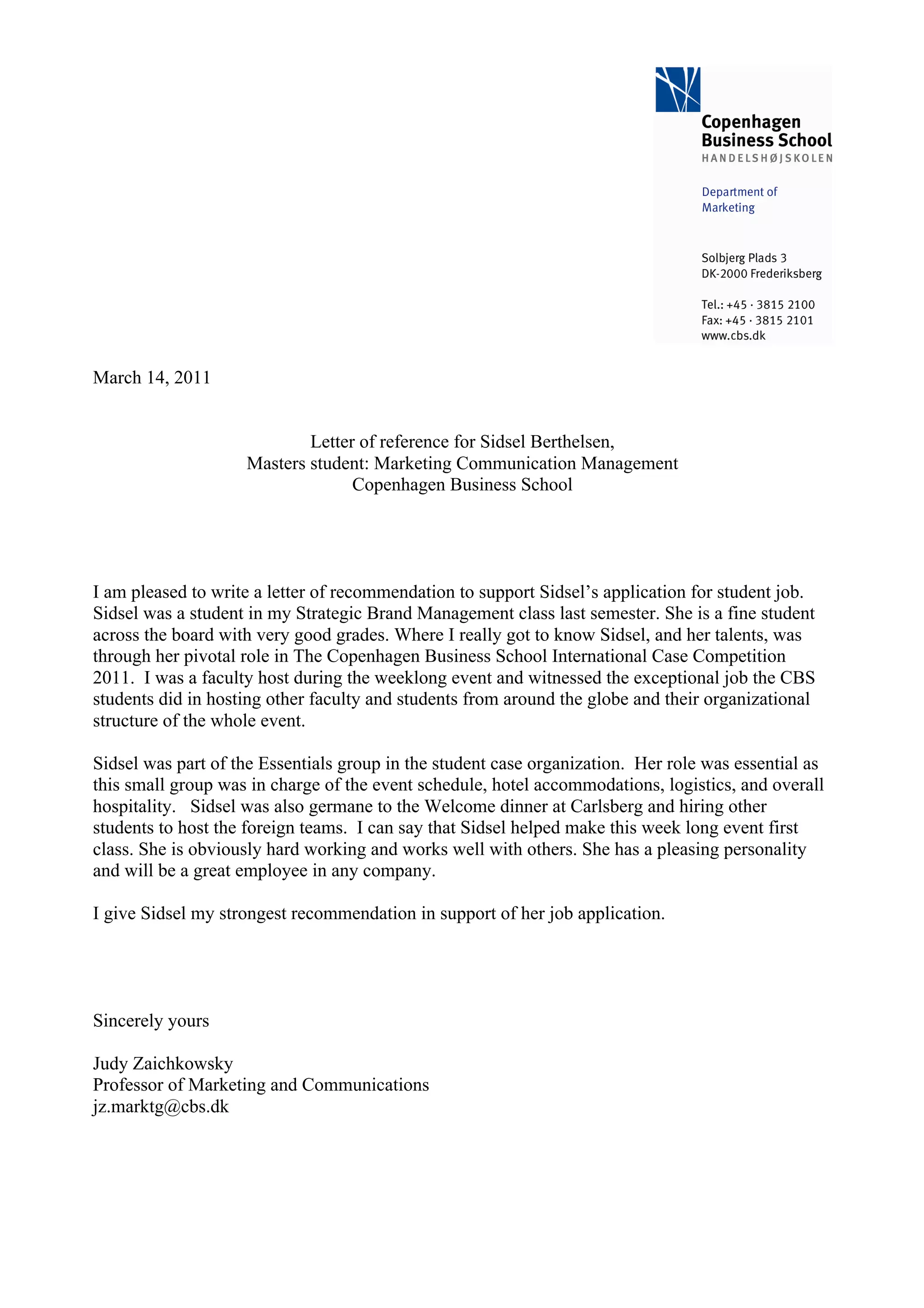 Rec. Letter Professor of Marketing and Communications | PDF