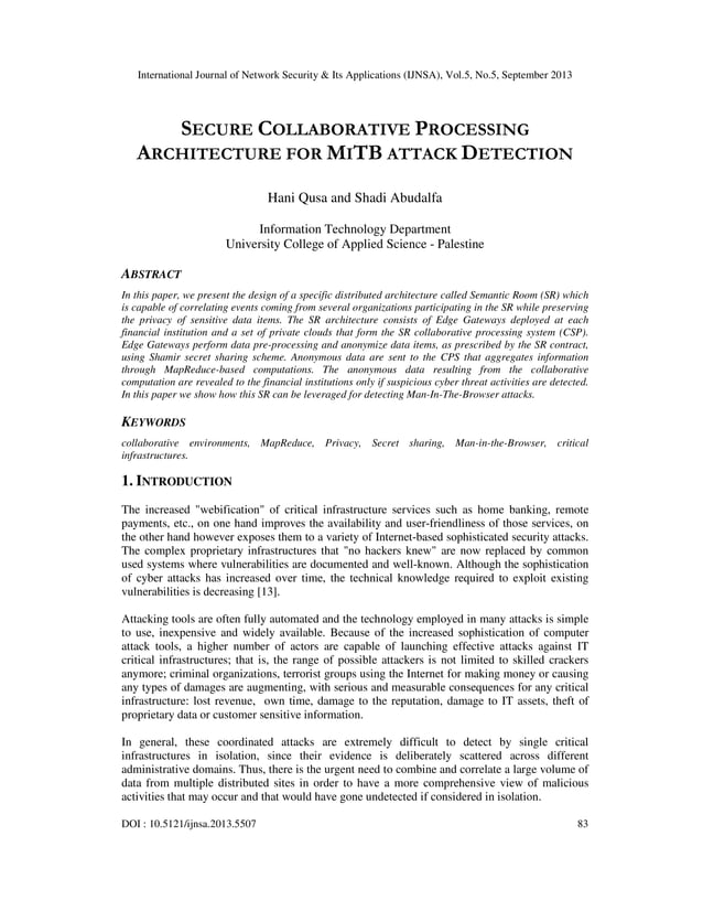SECURE COLLABORATIVE PROCESSING ARCHITECTURE FOR MITB ATTACK DETECTION | PDF