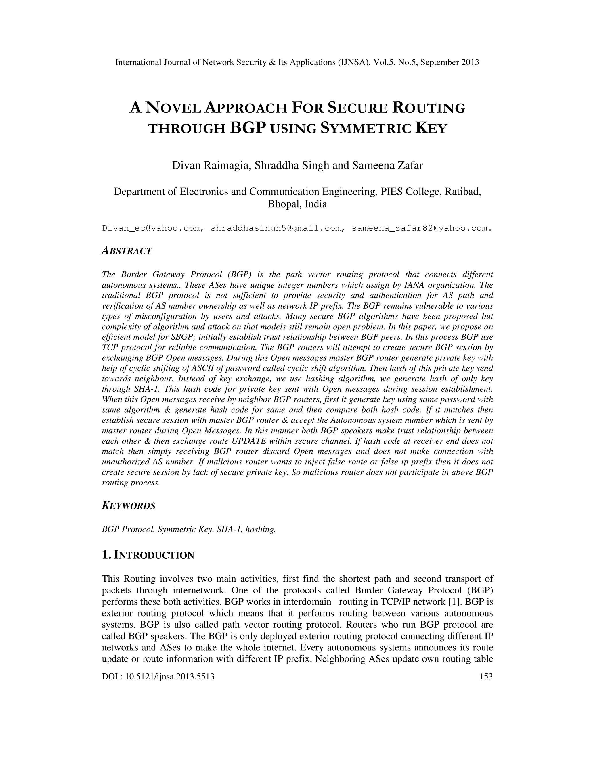 A NOVEL APPROACH FOR SECURE ROUTING THROUGH BGP USING SYMMETRIC KEY | PDF