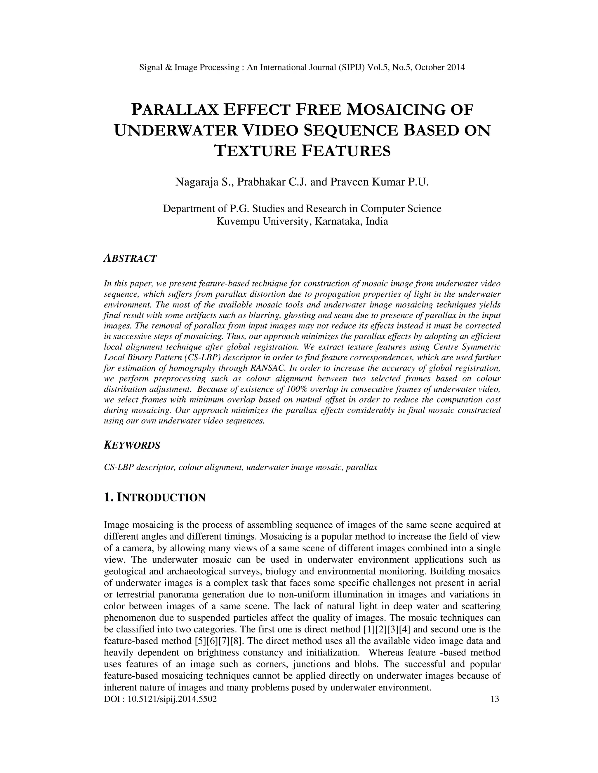 Parallax Effect Free Mosaicing of Underwater Video Sequence Based on Texture Features | PDF