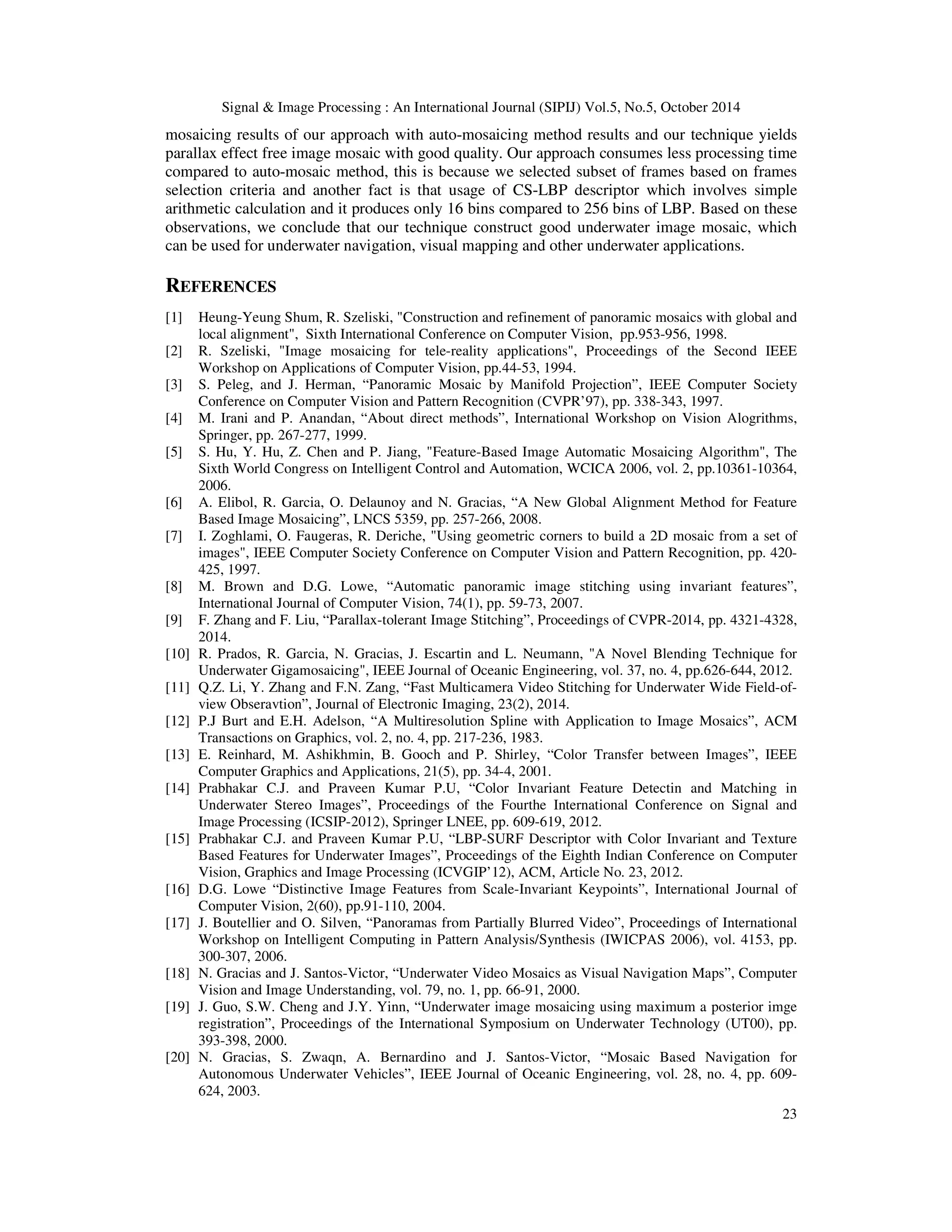 Parallax Effect Free Mosaicing of Underwater Video Sequence Based on Texture Features | PDF