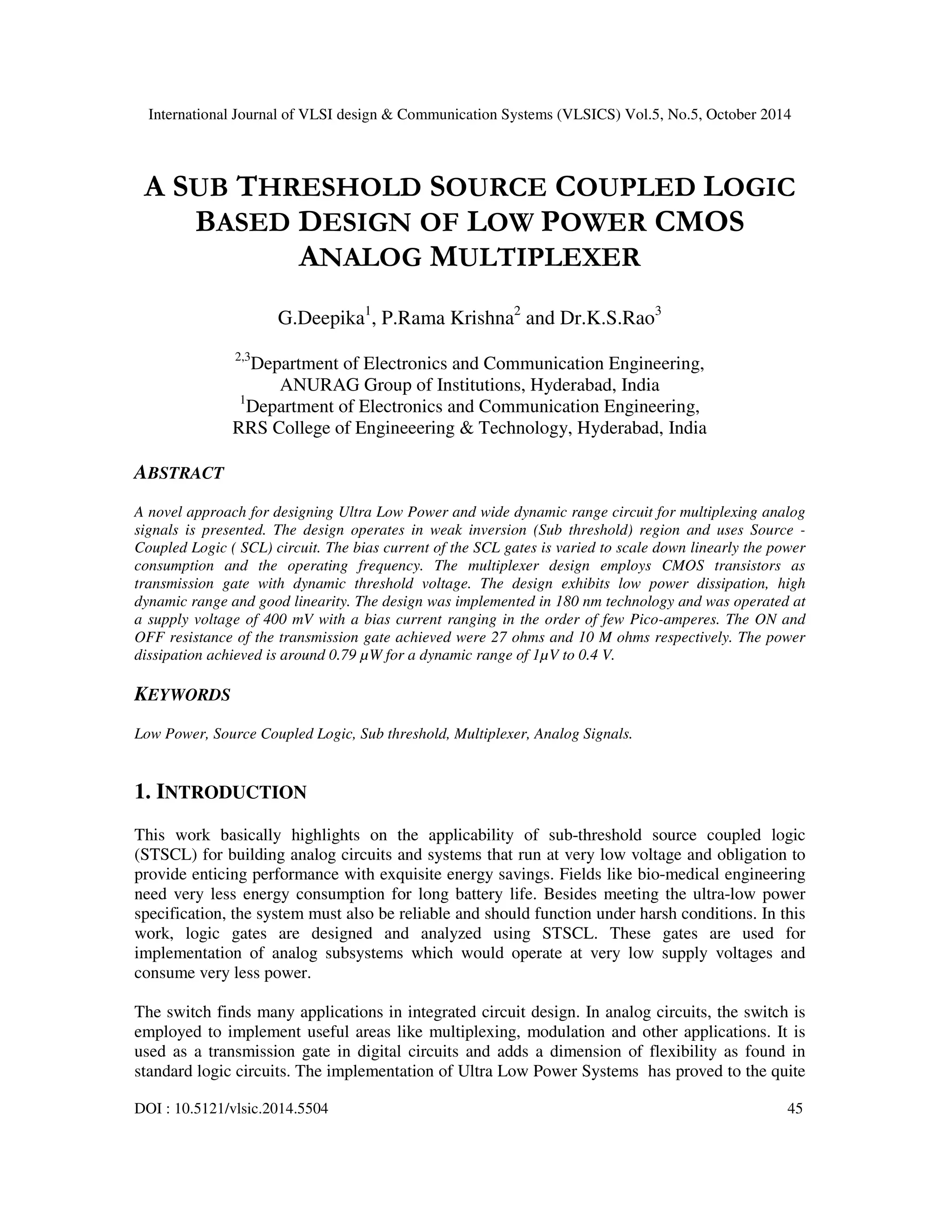 A Sub Threshold Source Coupled Logic Based Design of Low Power CMOS Analog Multiplexer | PDF