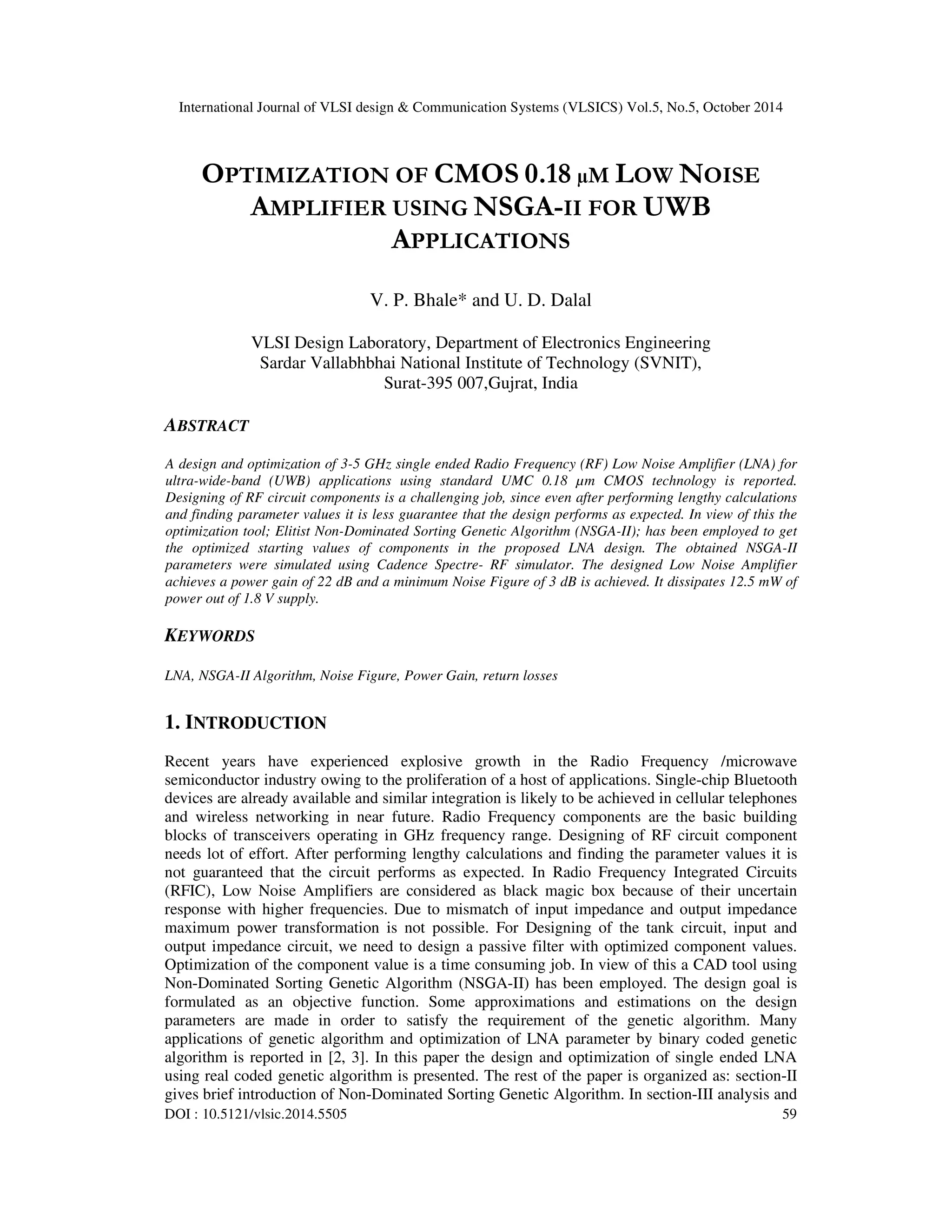 Optimization of Cmos 0.18 µM Low Noise Amplifier Using Nsga-Ii for UWB Applications | PDF