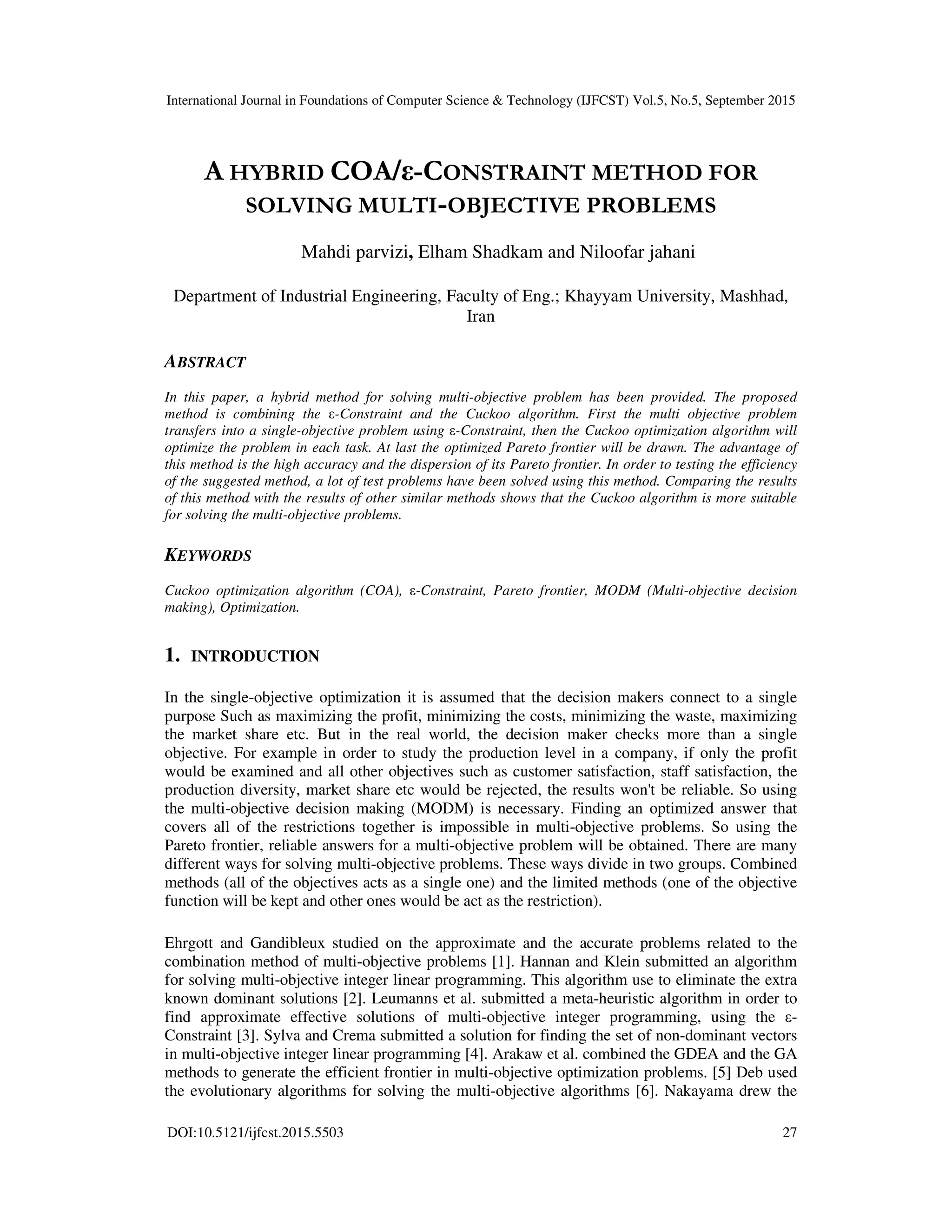 A HYBRID COA/ε-CONSTRAINT METHOD FOR SOLVING MULTI-OBJECTIVE PROBLEMS | PDF