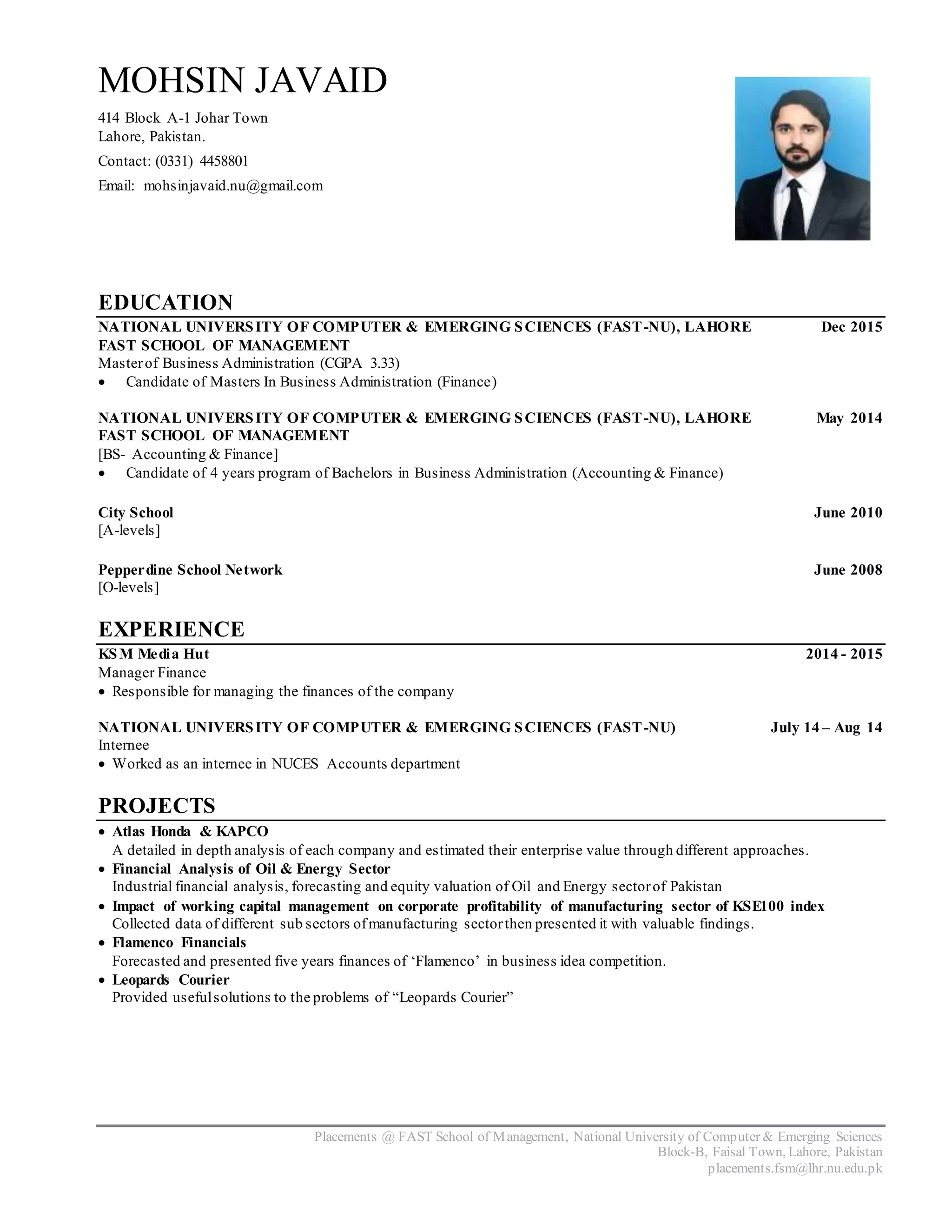 Mohsin Javaid's Resume - FAST School of Management 3rd Jan 2016 | PDF