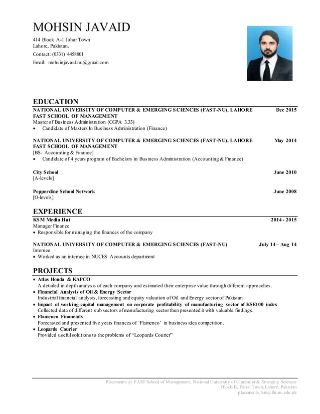 Mohsin Javaid's Resume - FAST School of Management 3rd Jan 2016 | PDF