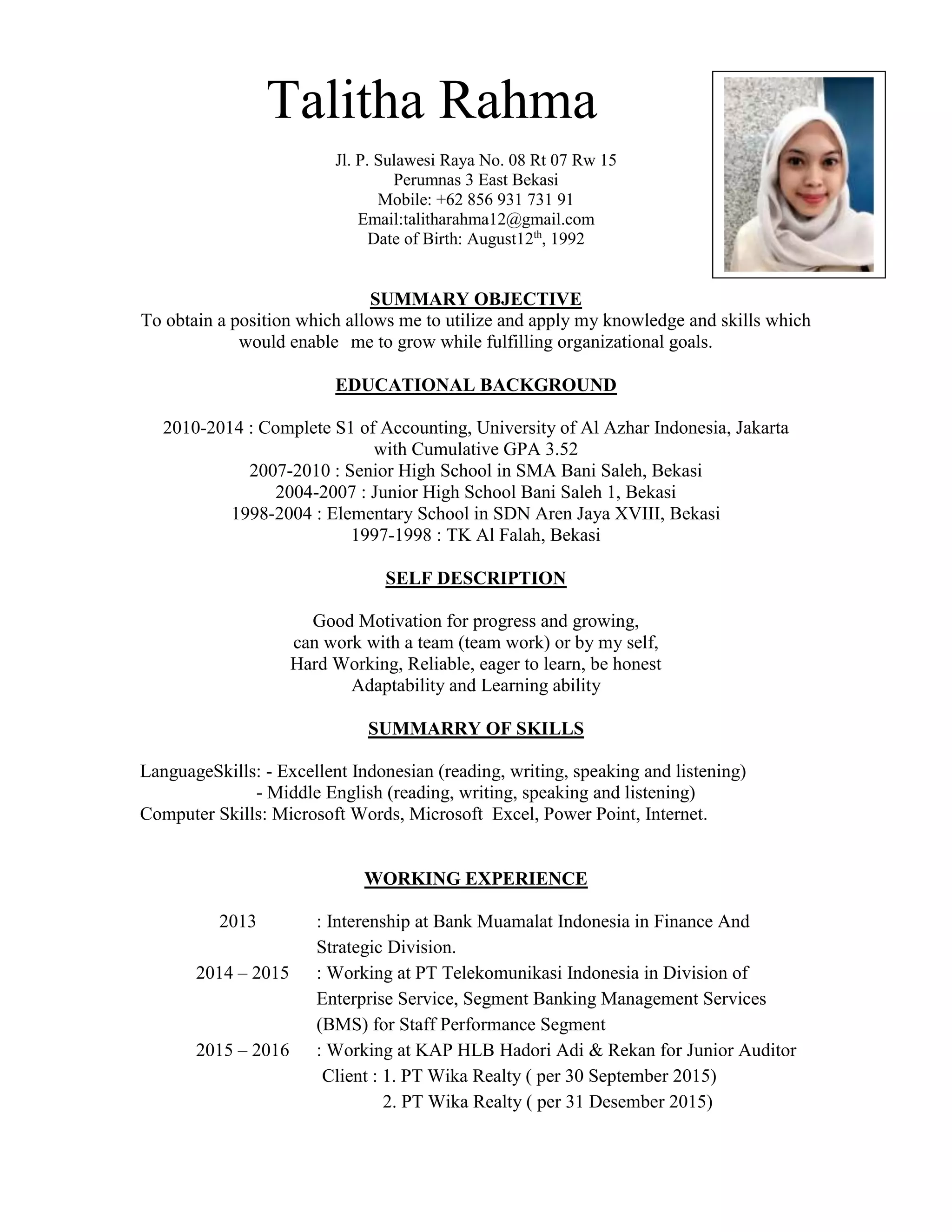 CV Talitha R | PDF | Resume Writing and Advice | Job Search