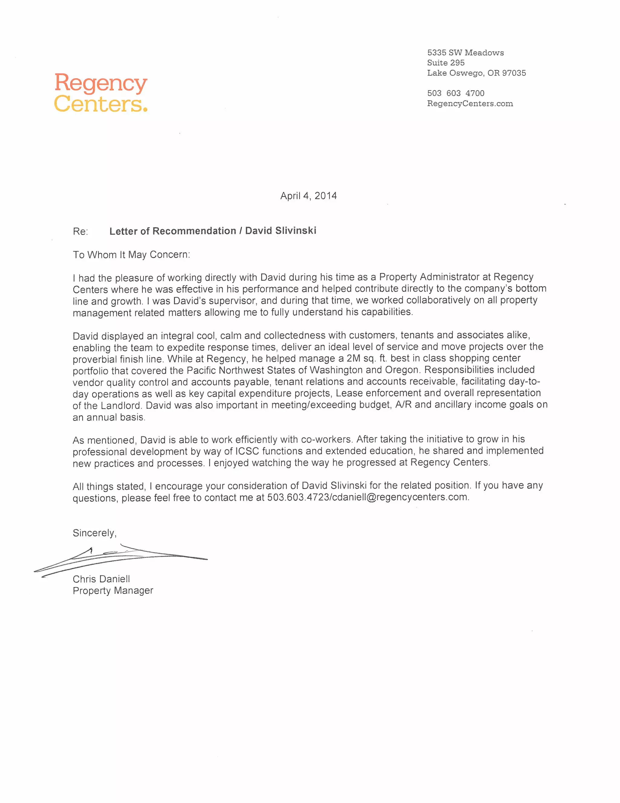 040414 Slivinski, David Letter of Rec | PDF