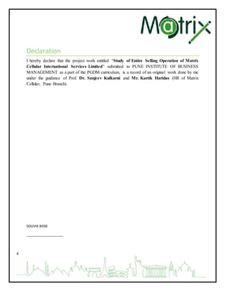 SIP Project Report on "A Study of Entire Selling Operation of Matrix ...