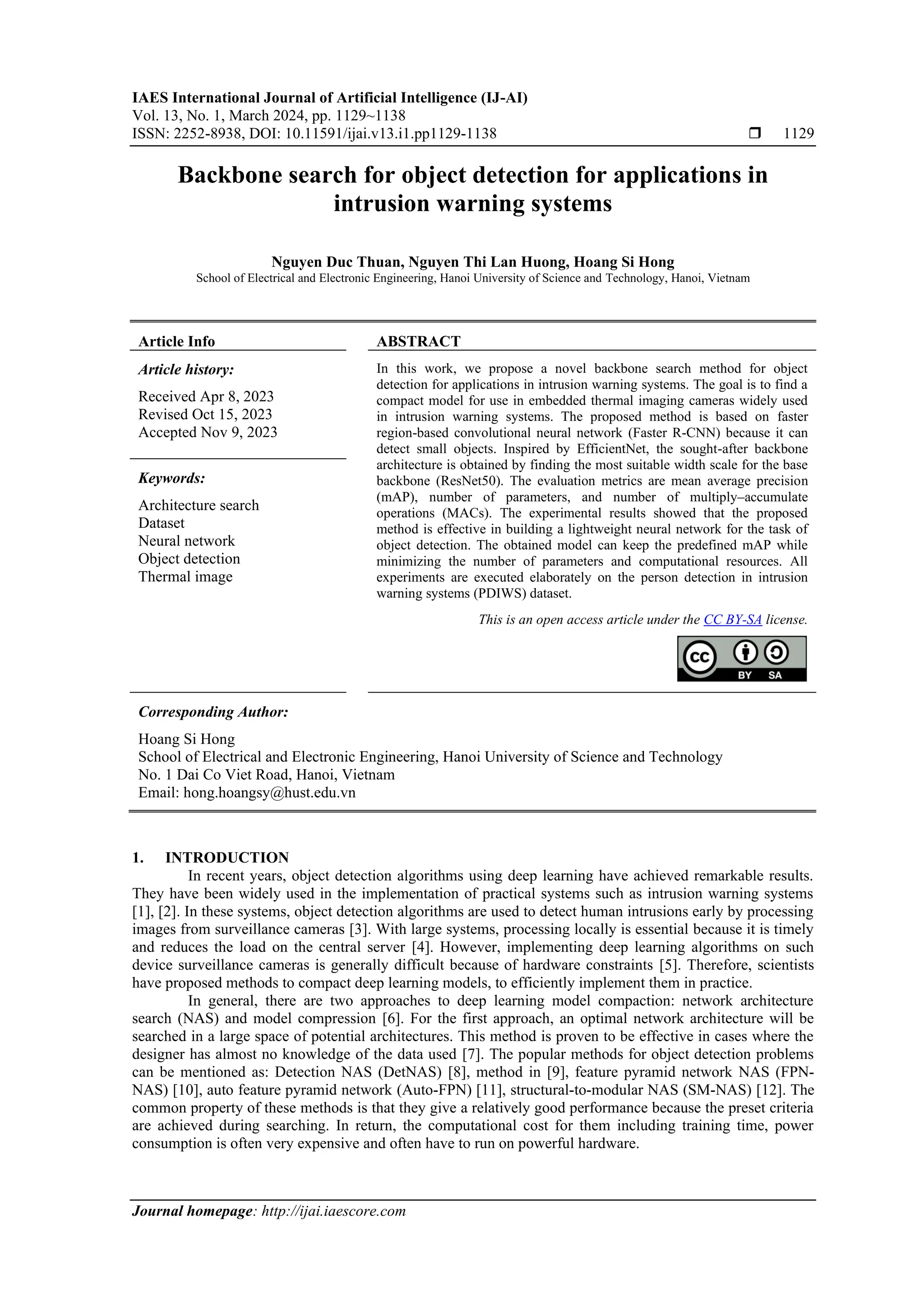 Backbone search for object detection for applications in intrusion warning systems | PDF