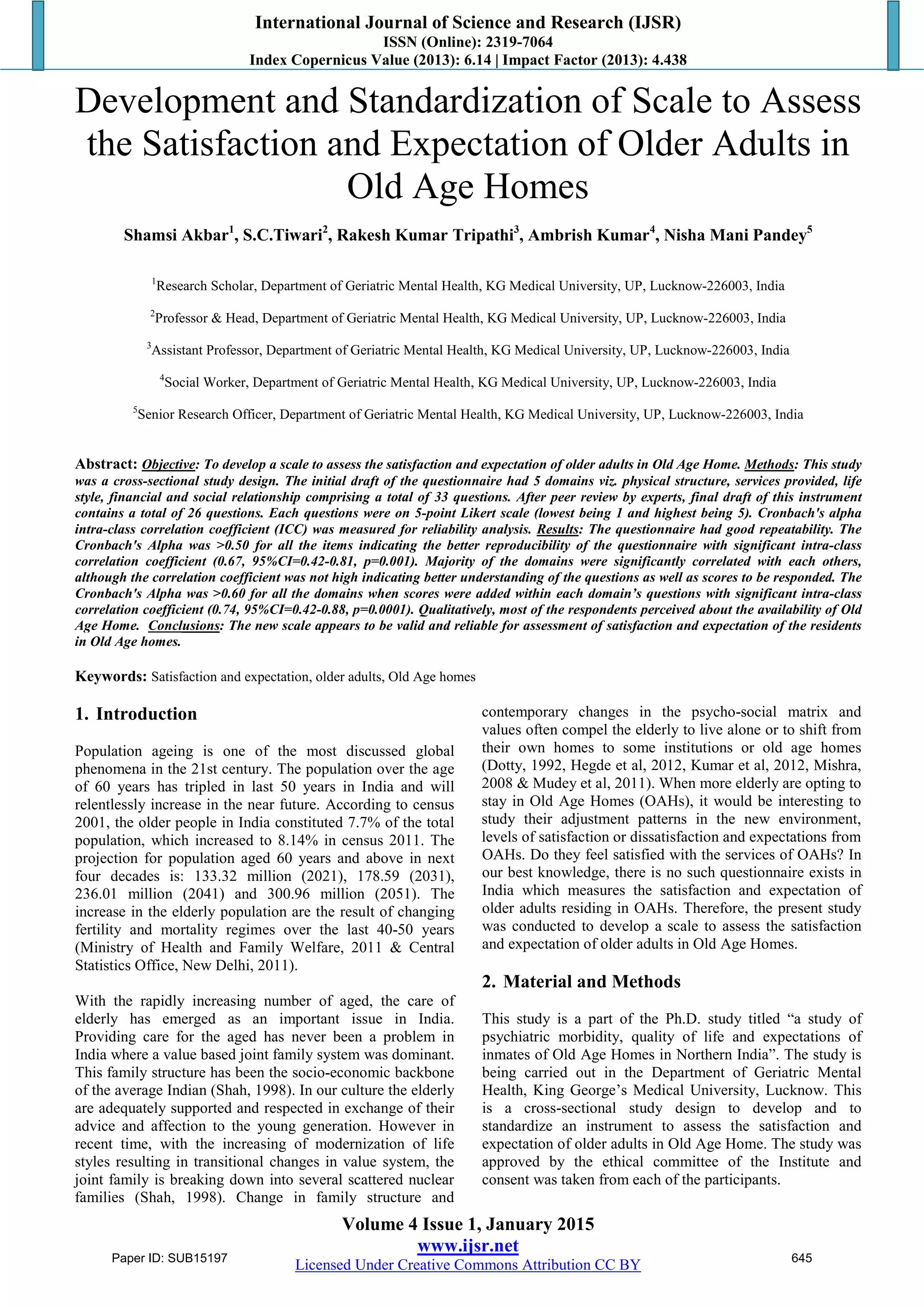 SATISFACTION AND EXPECTATION SCALE FOR OLDER ADULTS | PDF