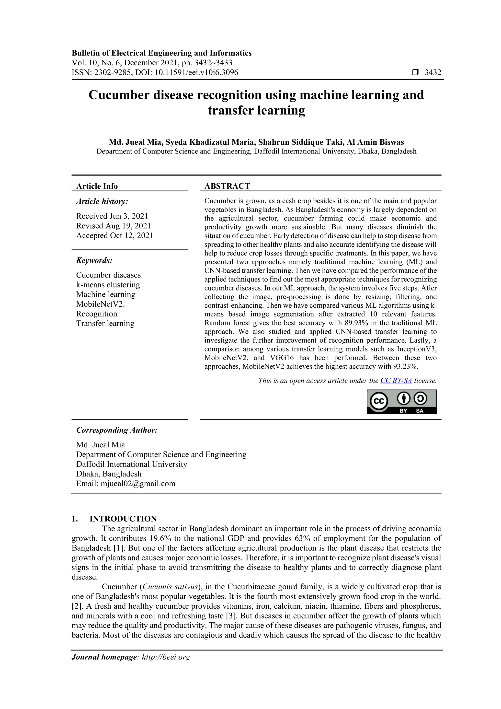 Cucumber disease recognition using machine learning and transfer ...