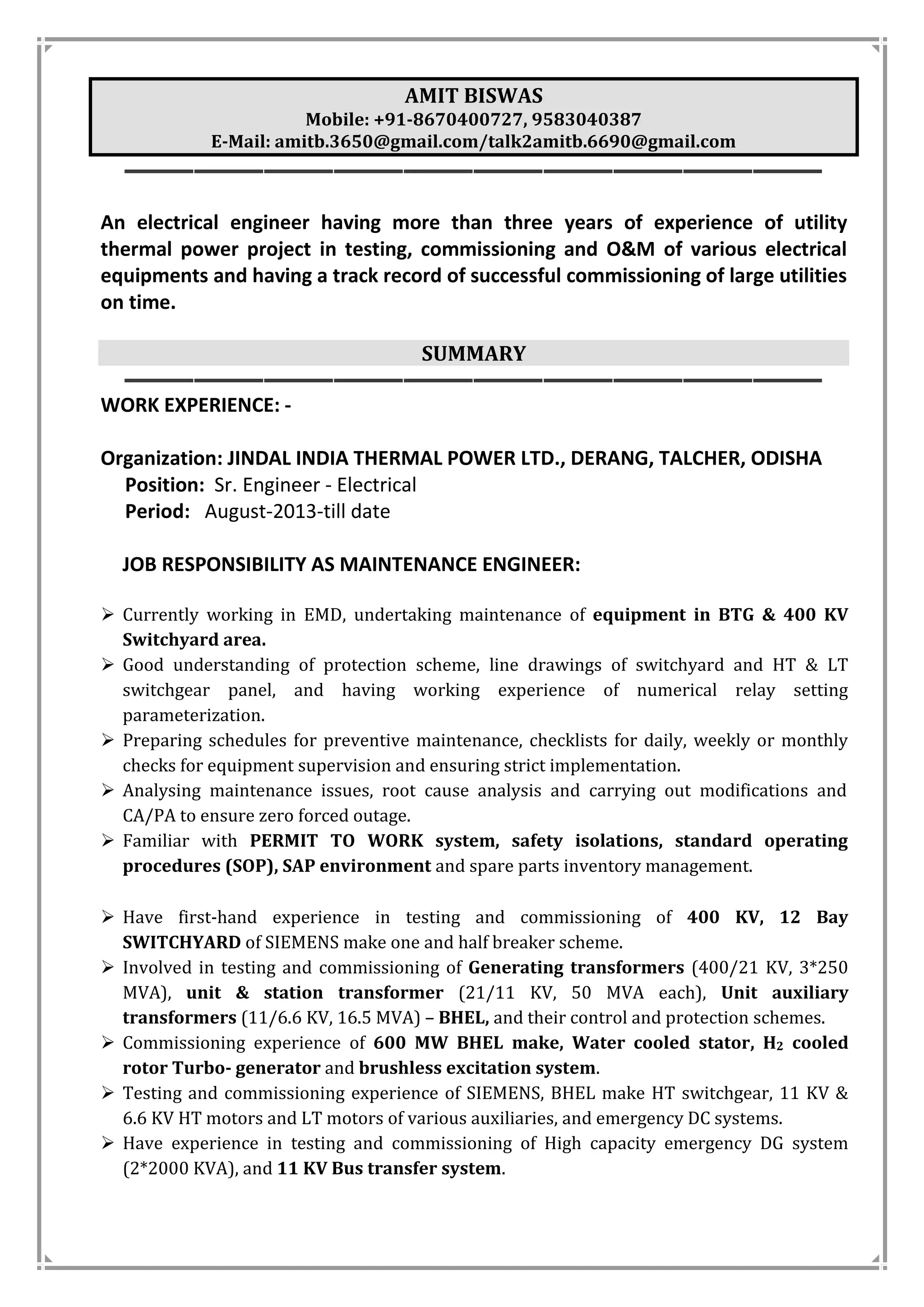 RESUME ELECTRICAL ENGINEER | PDF