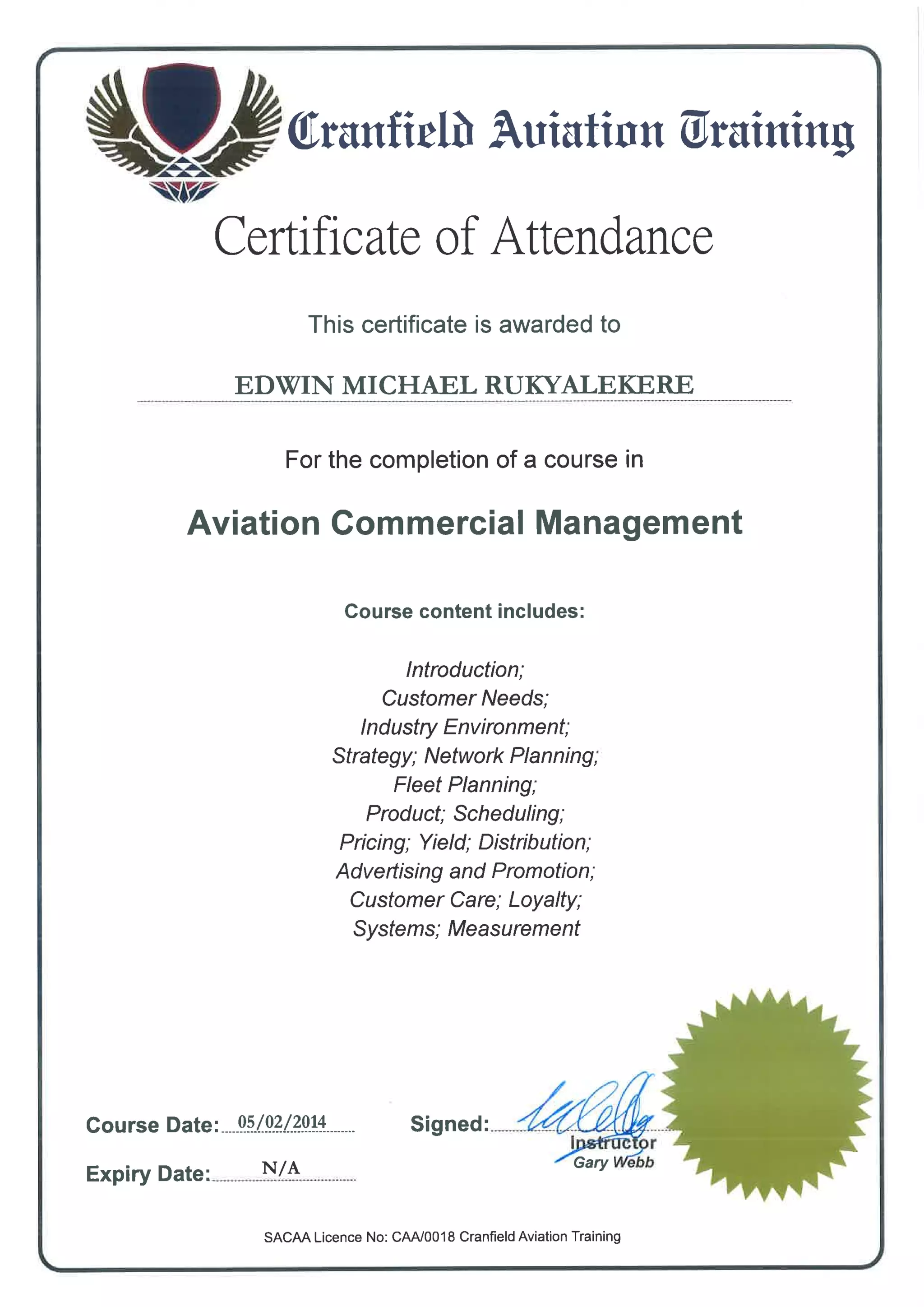 aviation commercial management certificate | PDF