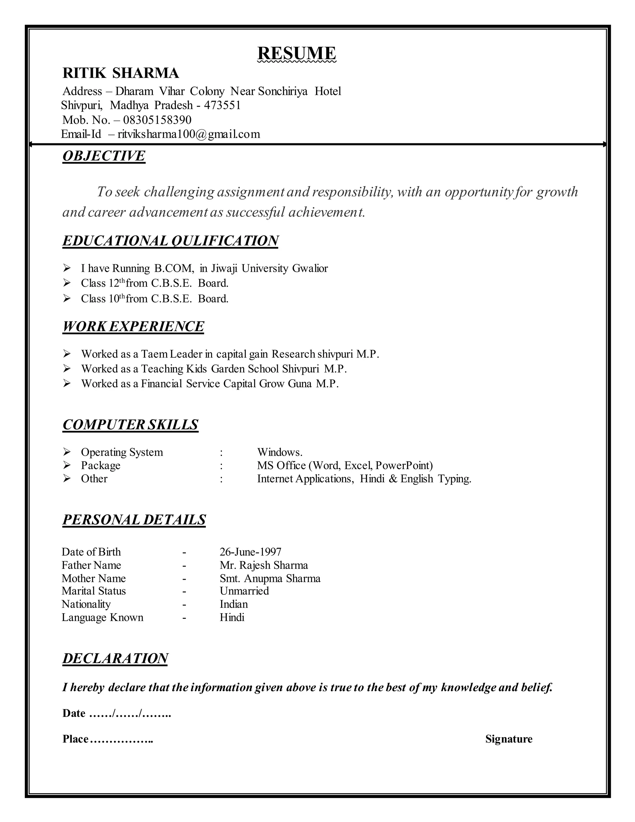 RITIK SHARMA Resume | PDF