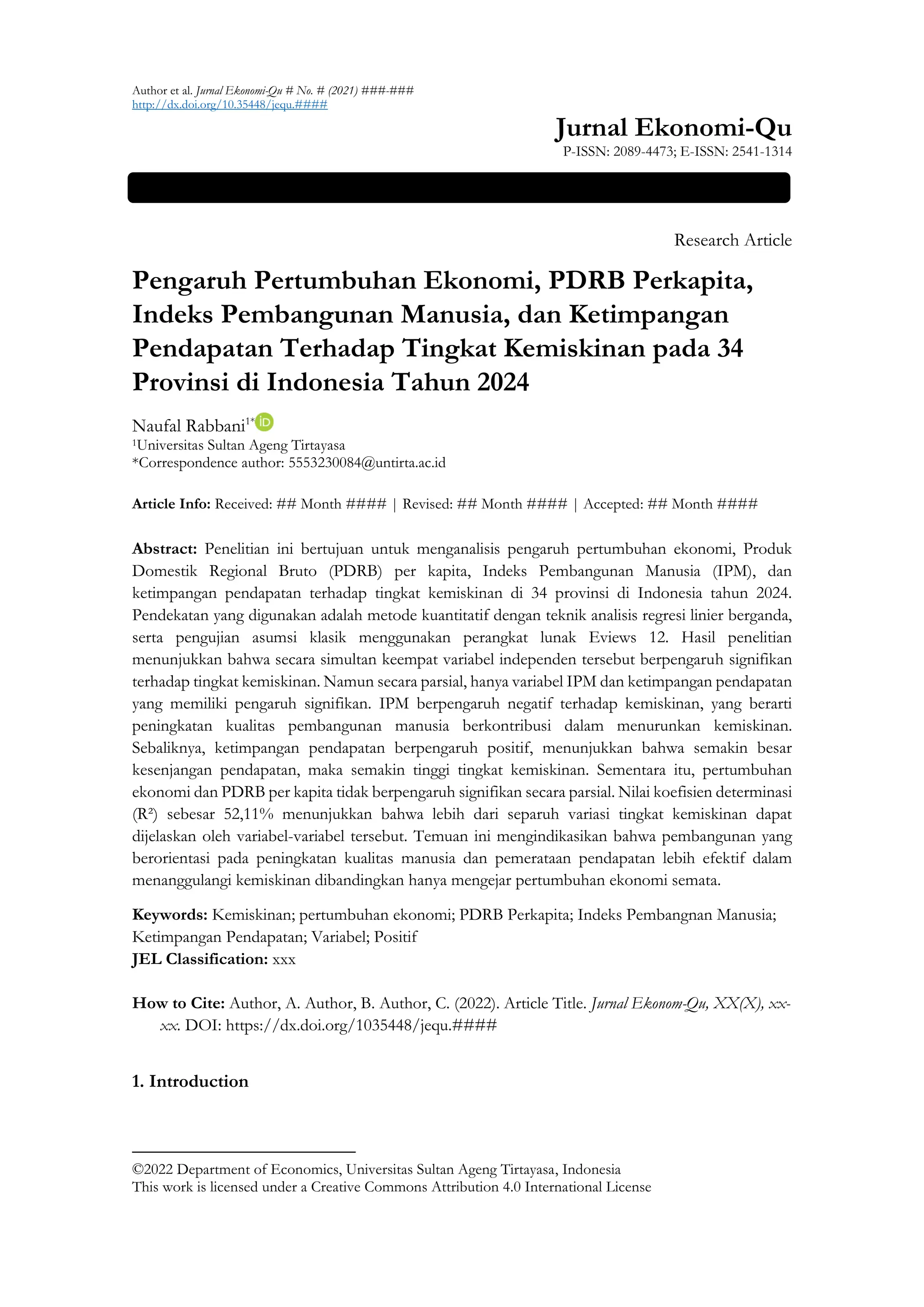 Pengaruh Pertumbuhan Ekonomi, PDRB Perkapita, Indeks Pembangunan ...