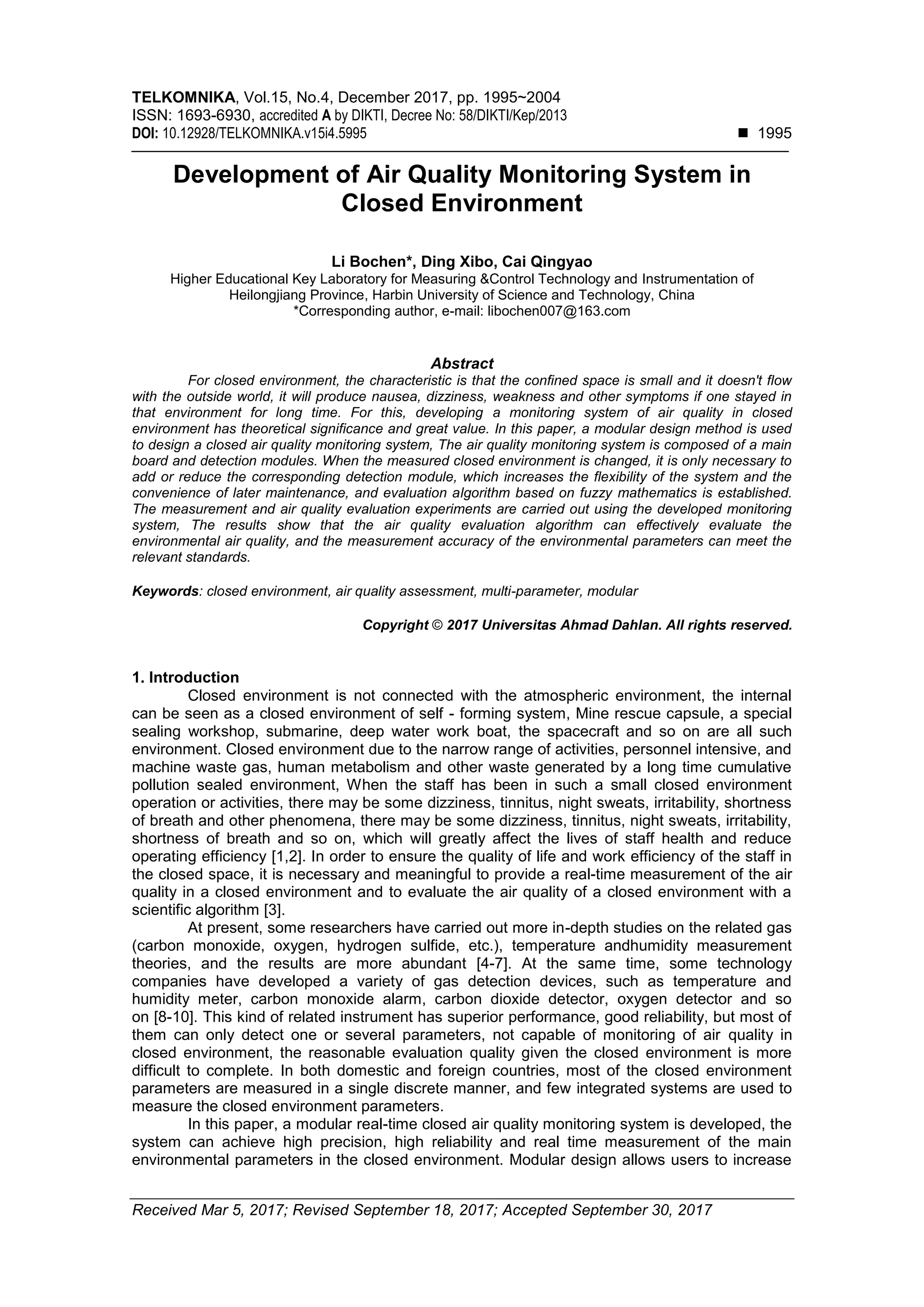Development Of Air Quality Monitoring System In Closed Environment Pdf Indoor Environmental