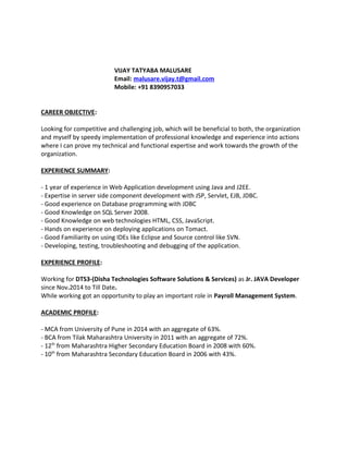 Software Developer in JAVA with 1 Year of Experience | PDF