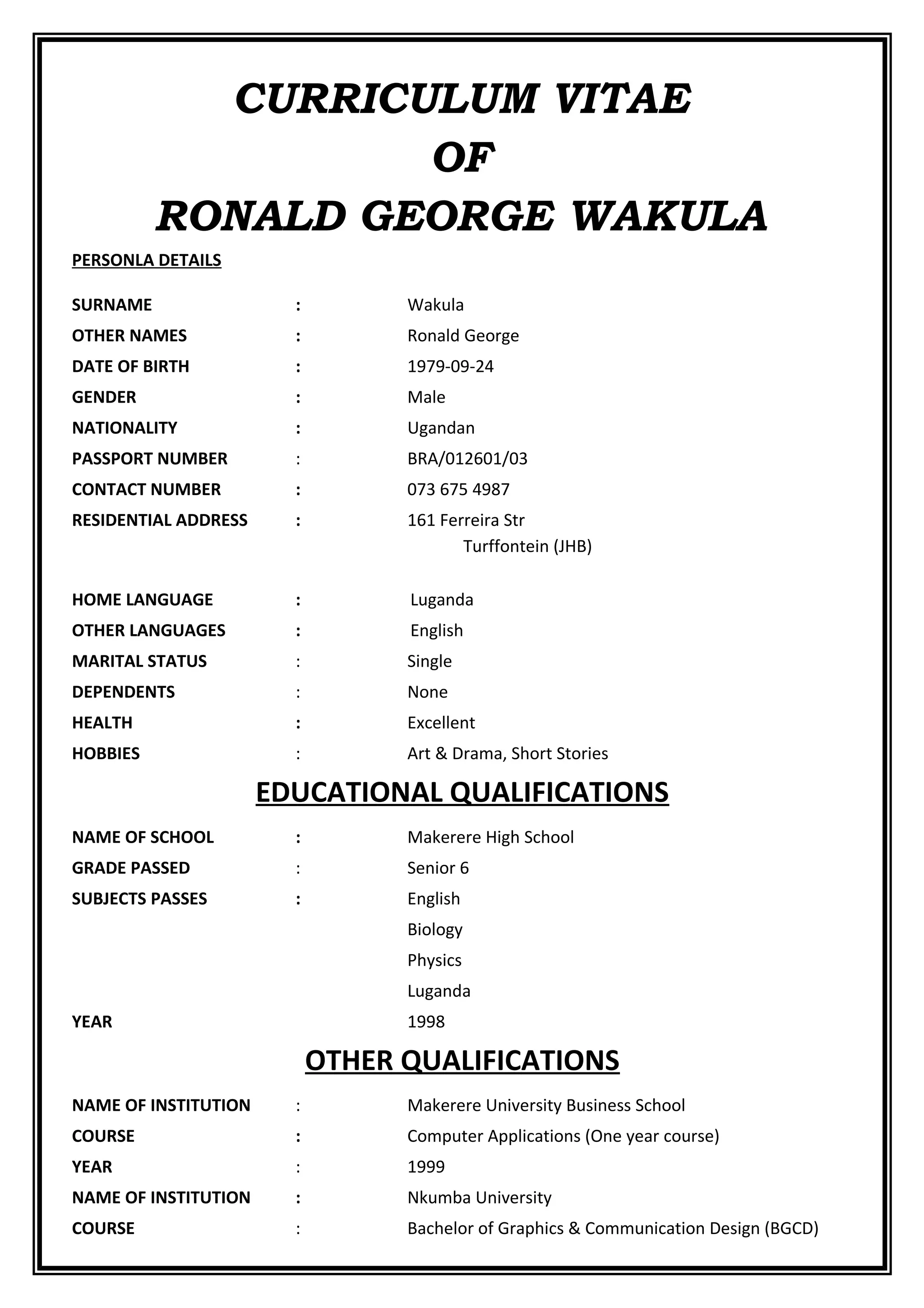 CURRICULUM VITAE OF RONALD GEORGE WAKULA | DOC