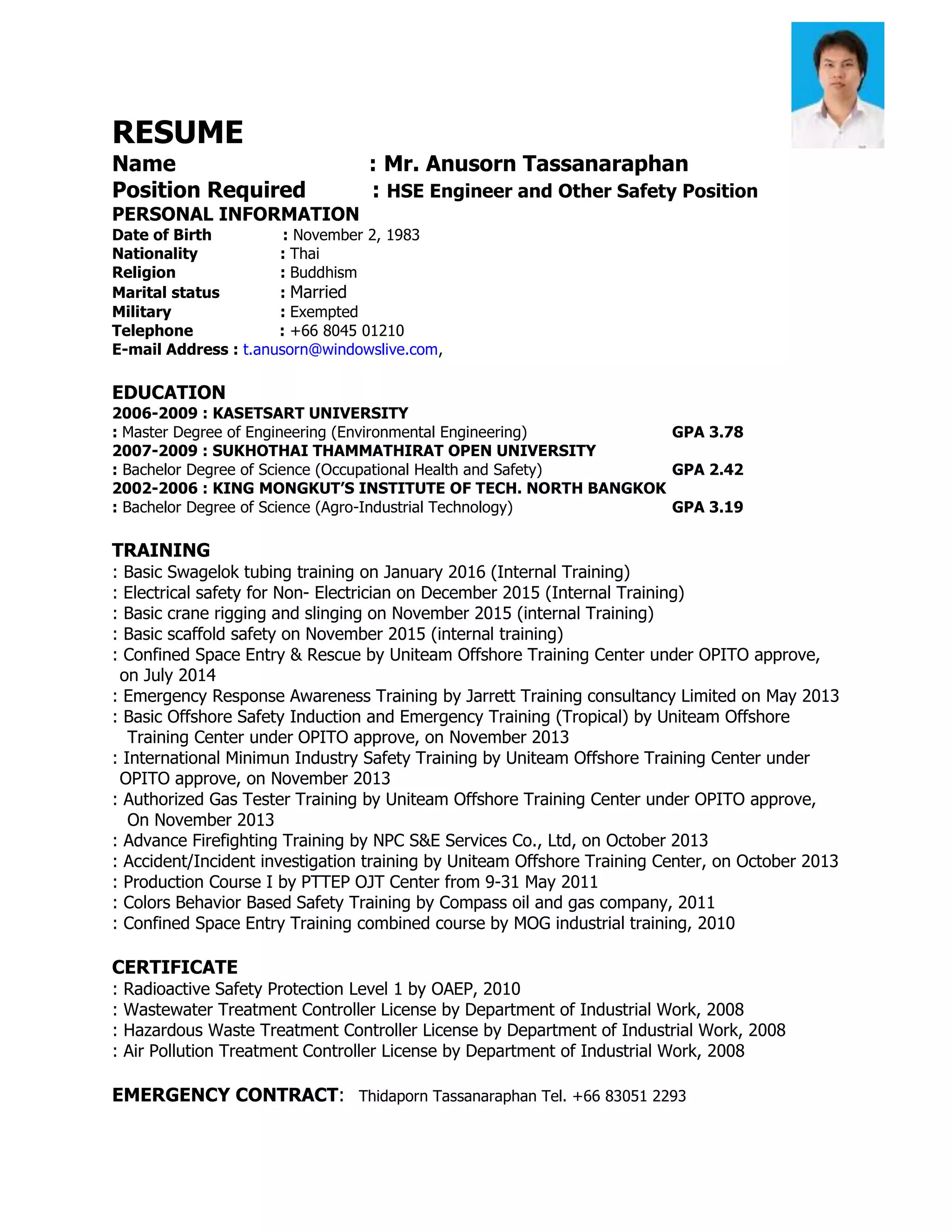 RESUME Anusorn T. Safety | PDF