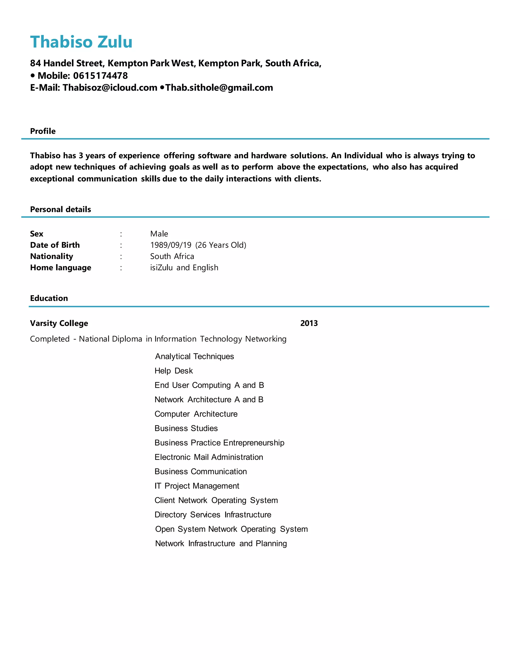 Thabiso Zulu CV JHB 0615174478 | DOCX