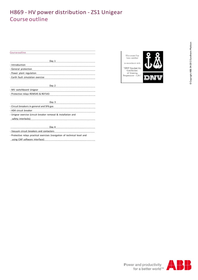 Course description H869 - HV power distribution system - ZS1 Unigear | PDF