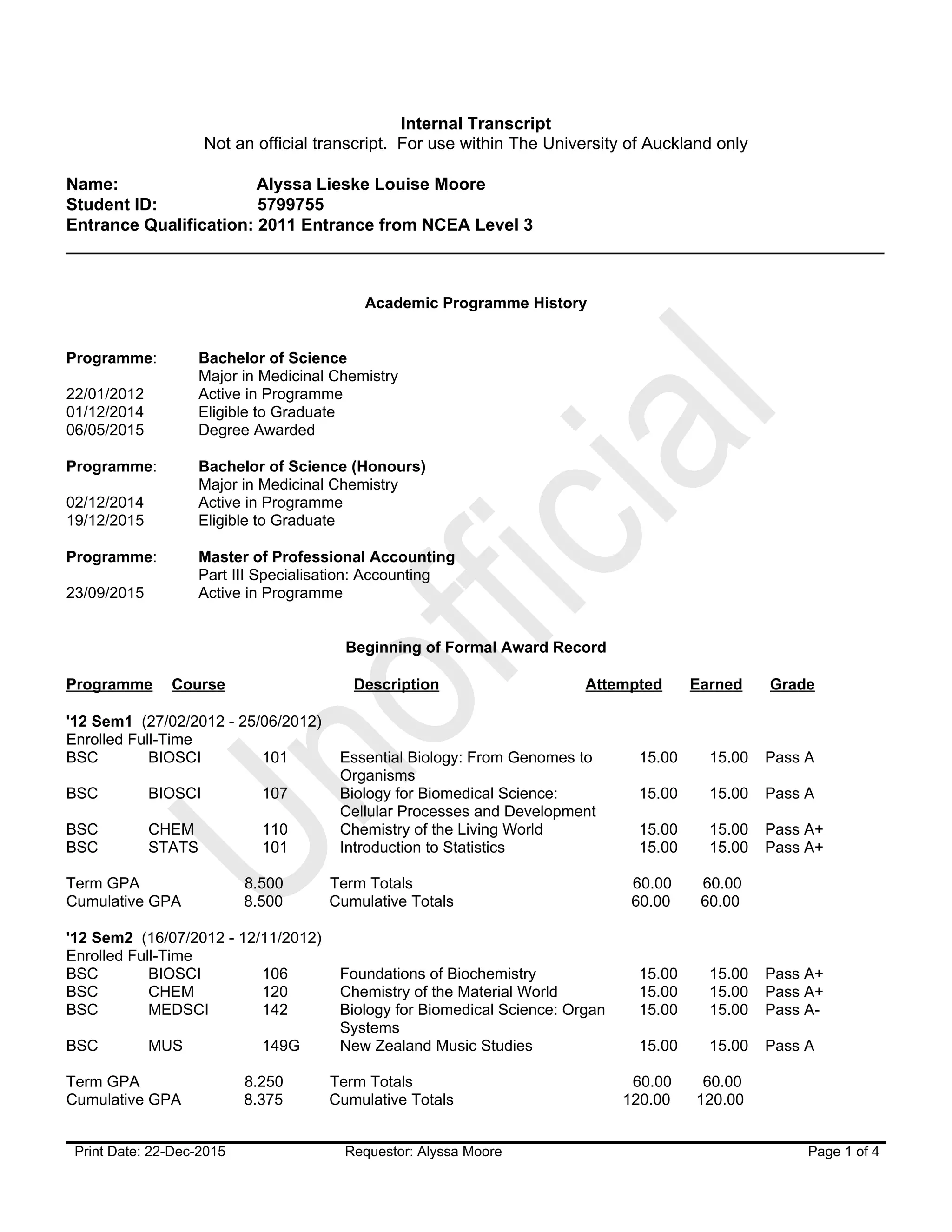 Alyssa Moore - University Transcript | PDF