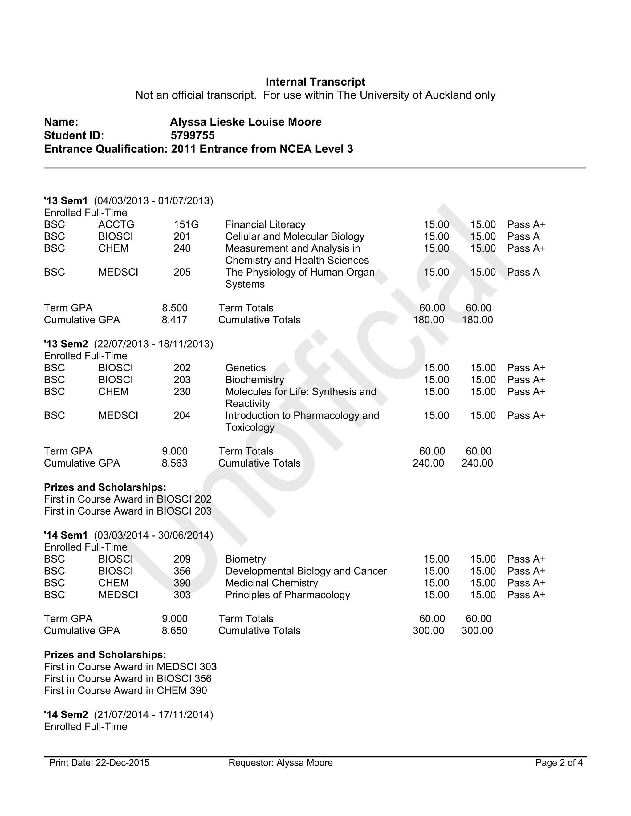 Alyssa Moore - University Transcript | PDF