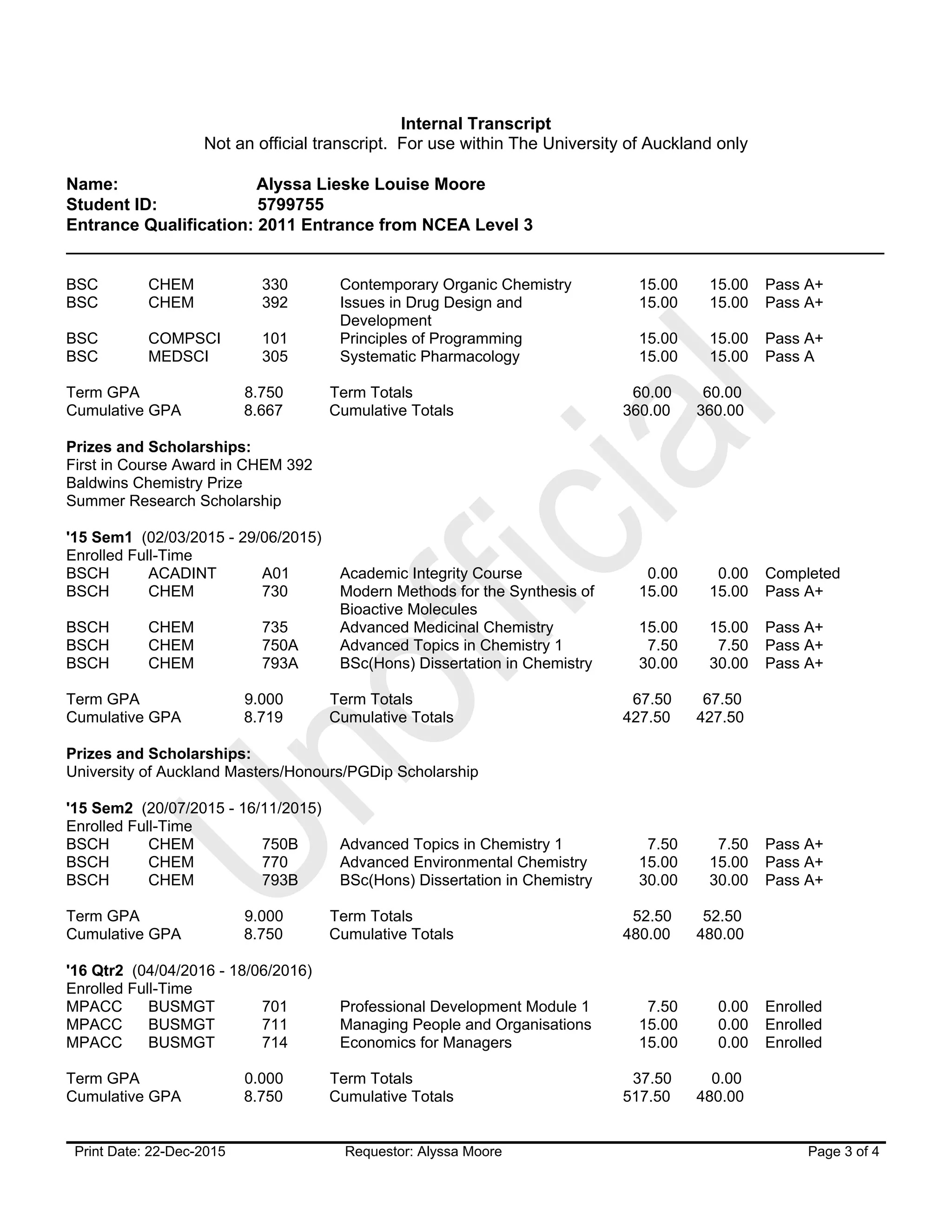 Alyssa Moore - University Transcript | PDF