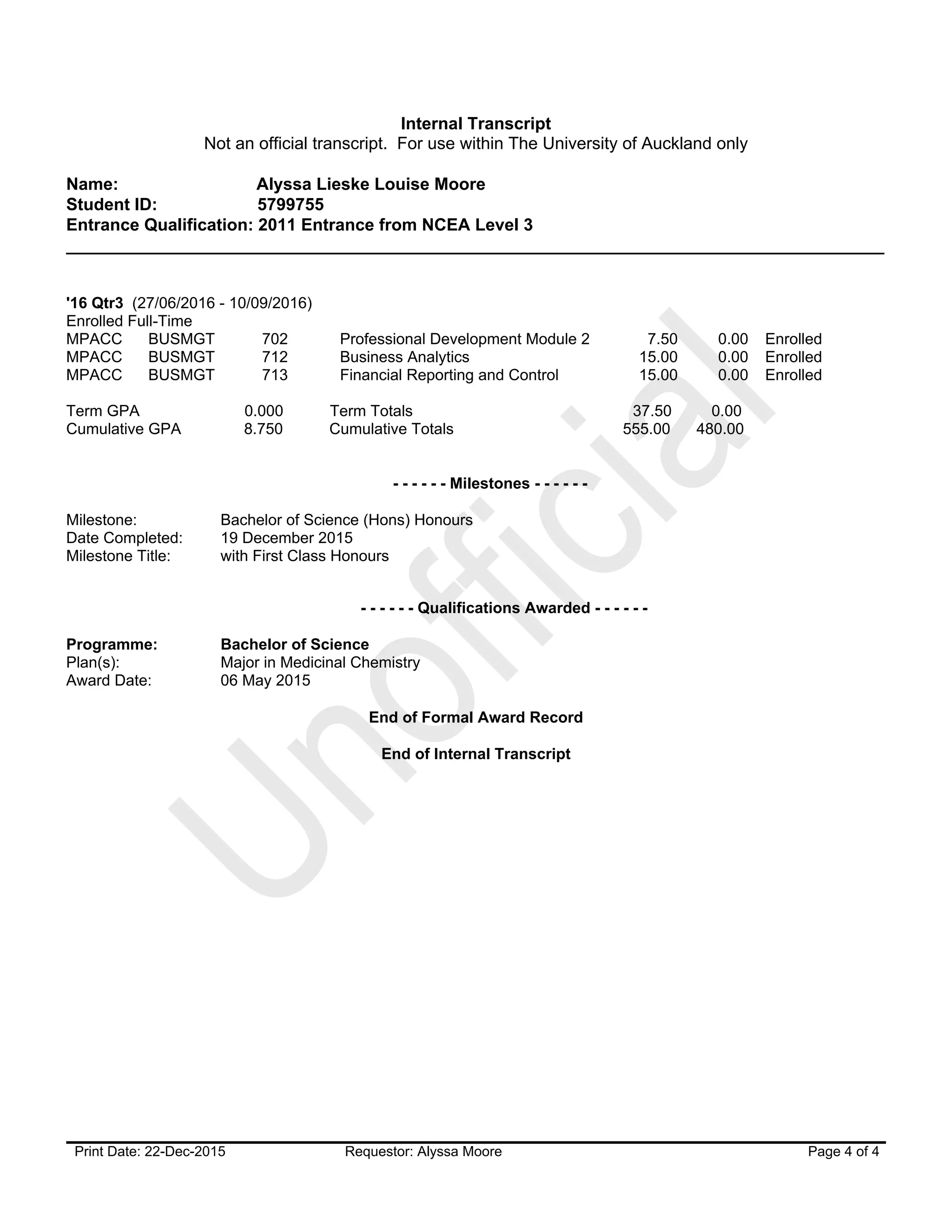 Alyssa Moore - University Transcript | PDF