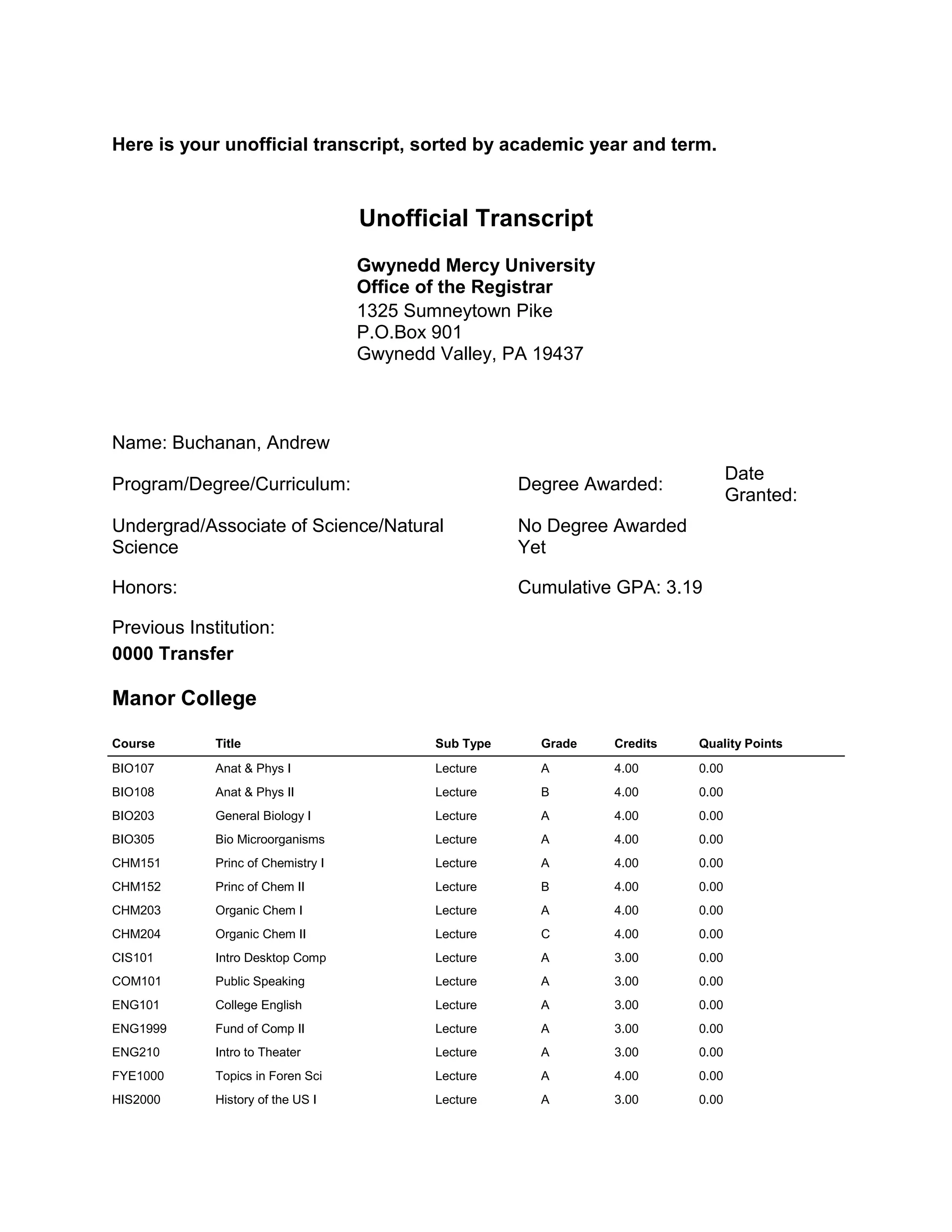 Unofficial Transcript | PDF | Undergraduate Education | College Education