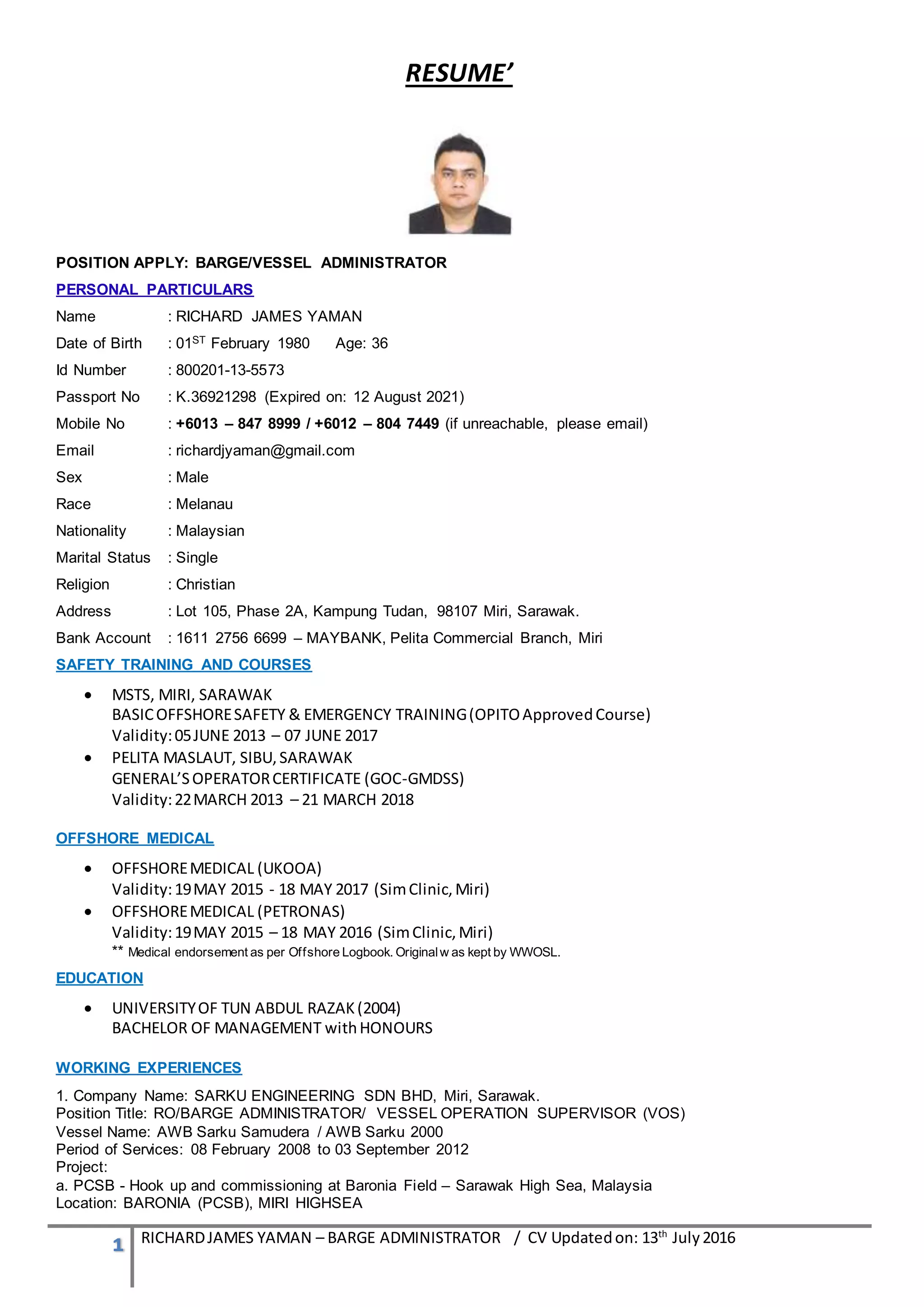 RICHARD J.Y - Barge Admin_CV & Offshore Docs | DOCX