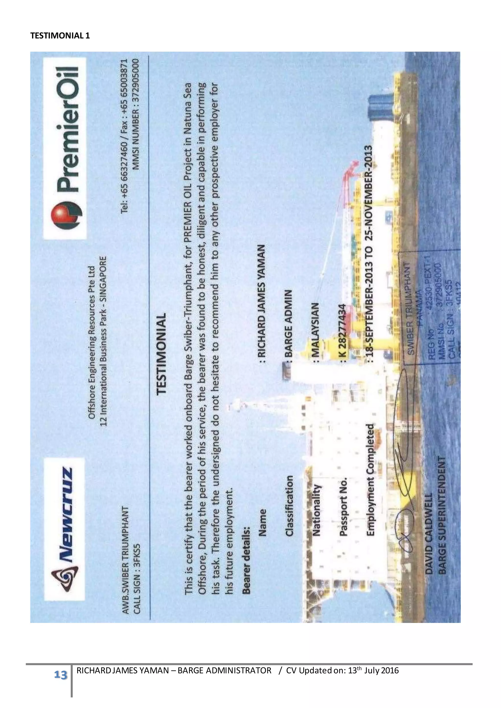 RICHARD J.Y - Barge Admin_CV & Offshore Docs | DOCX