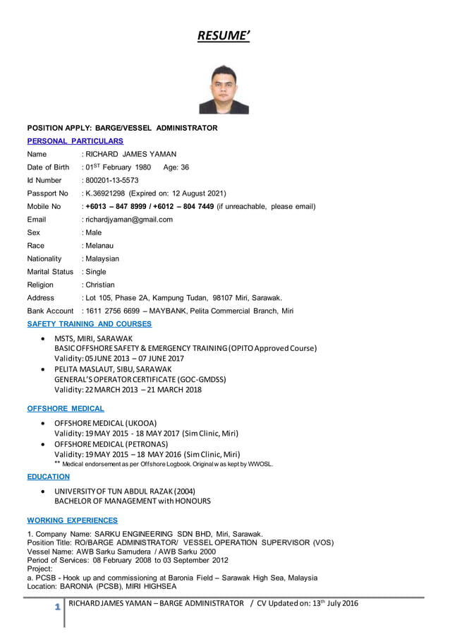 RICHARD J.Y - Barge Admin_CV & Offshore Docs | DOCX