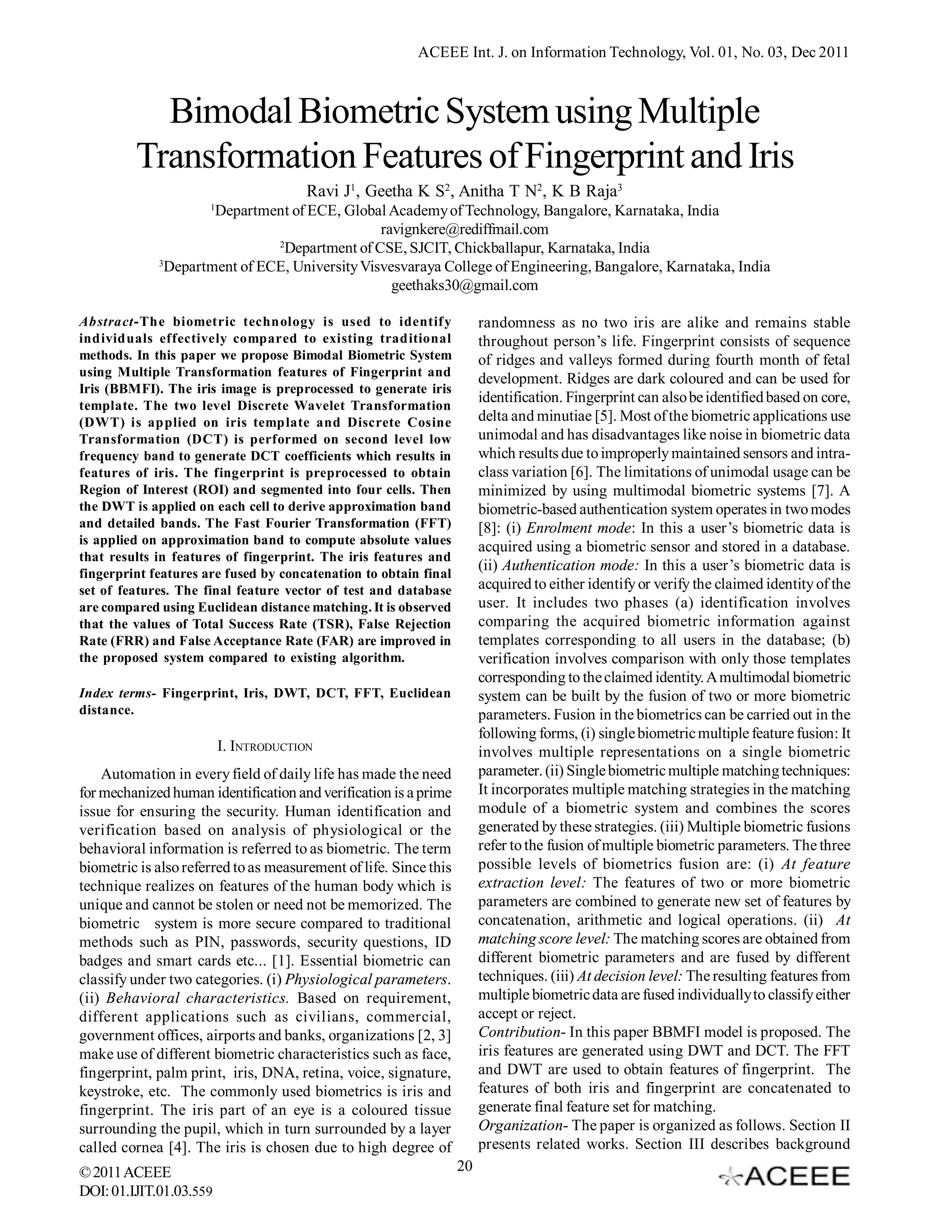 Bimodal Biometric System using Multiple Transformation Features of Fingerprint and Iris | PDF