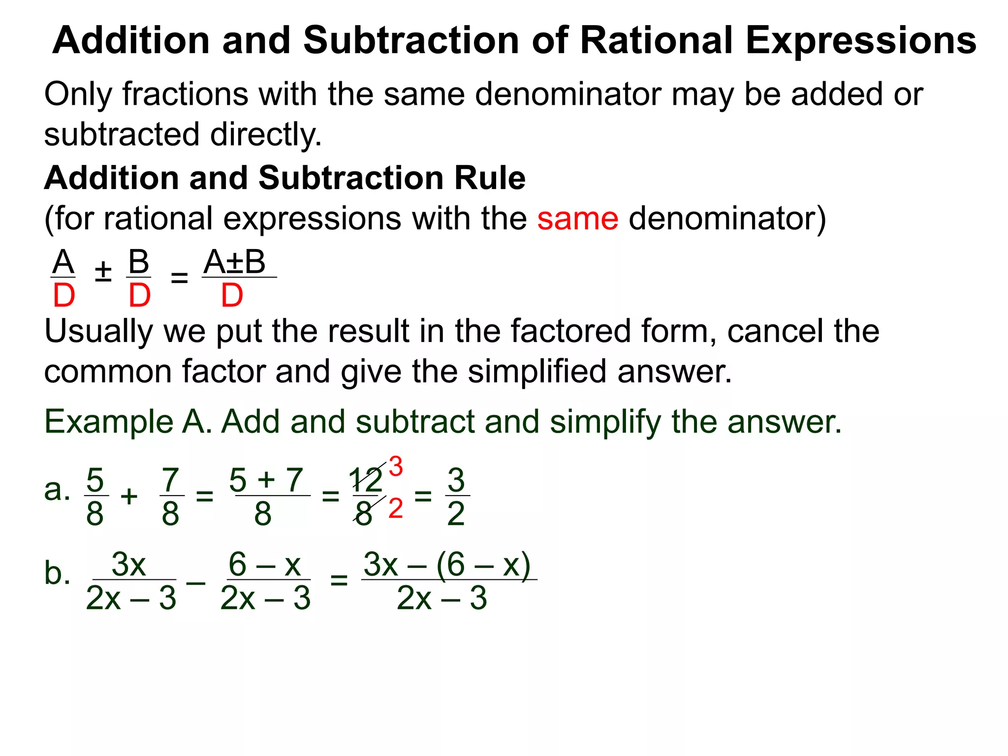 55 addition and subtraction of rational expressions | PPT