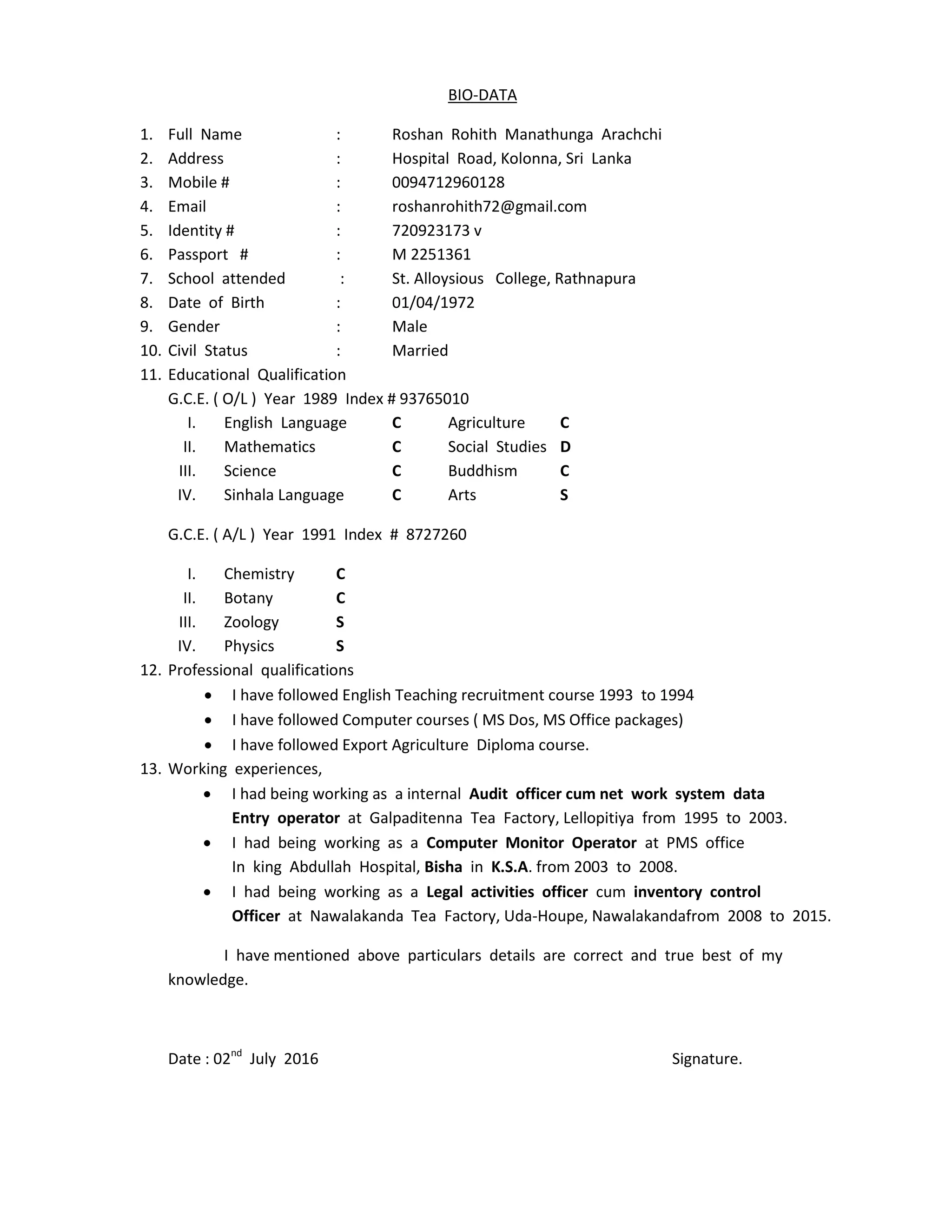 BIO DATA- Roshan Rohith M.A. | PDF