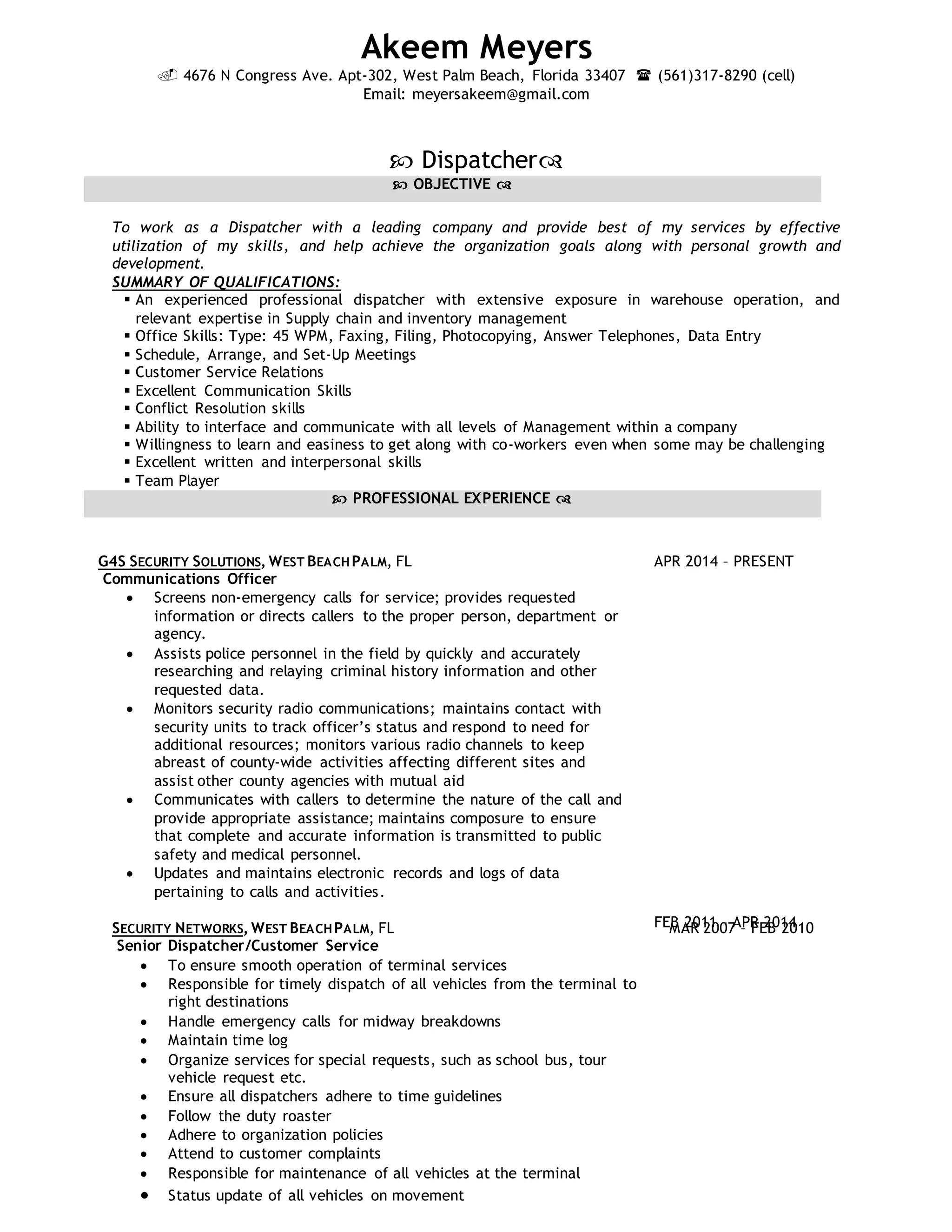 akeem resume(Dispatcher) | PDF | Free Download