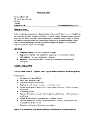 CV for Roxanne Bakewell | PDF