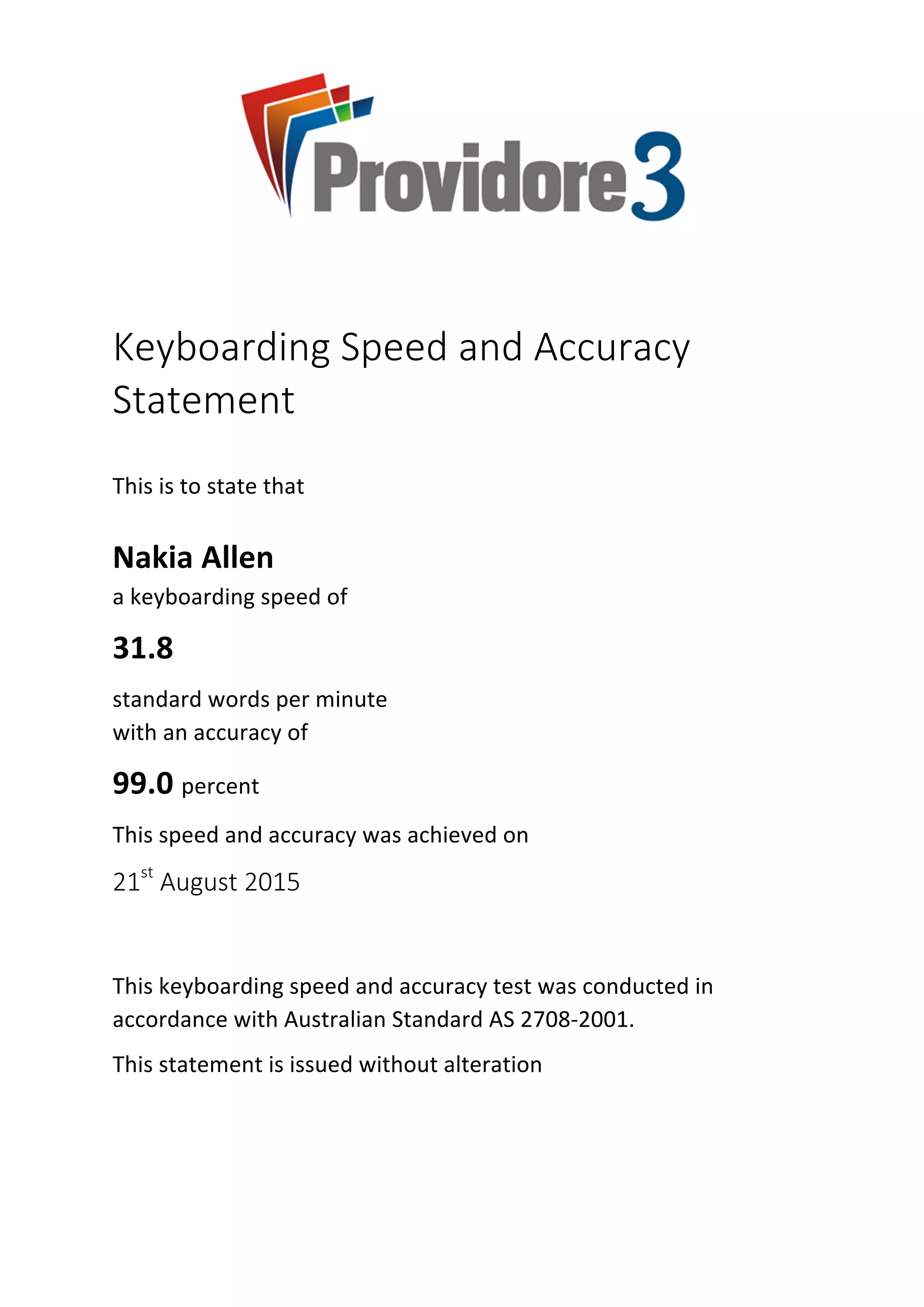 Nakia Allen Typing Test Certificate | PDF