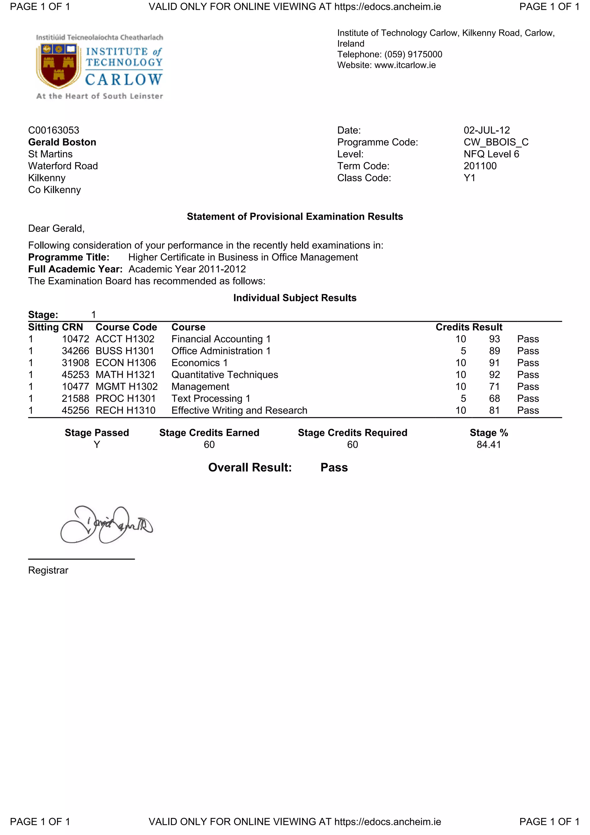 Statement of Examination Results - Year 1 | PDF