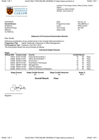 Statement of Examination Results - Year 1 | PDF